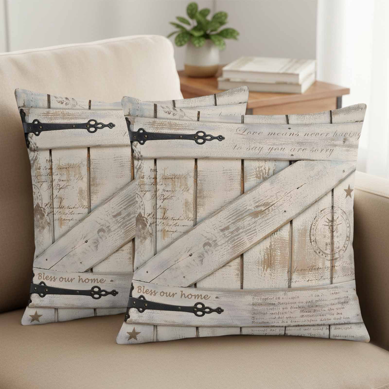 Barn Gate Pillow Covers Set of 2, Vintage Letters Beige Farmhouse Door ...