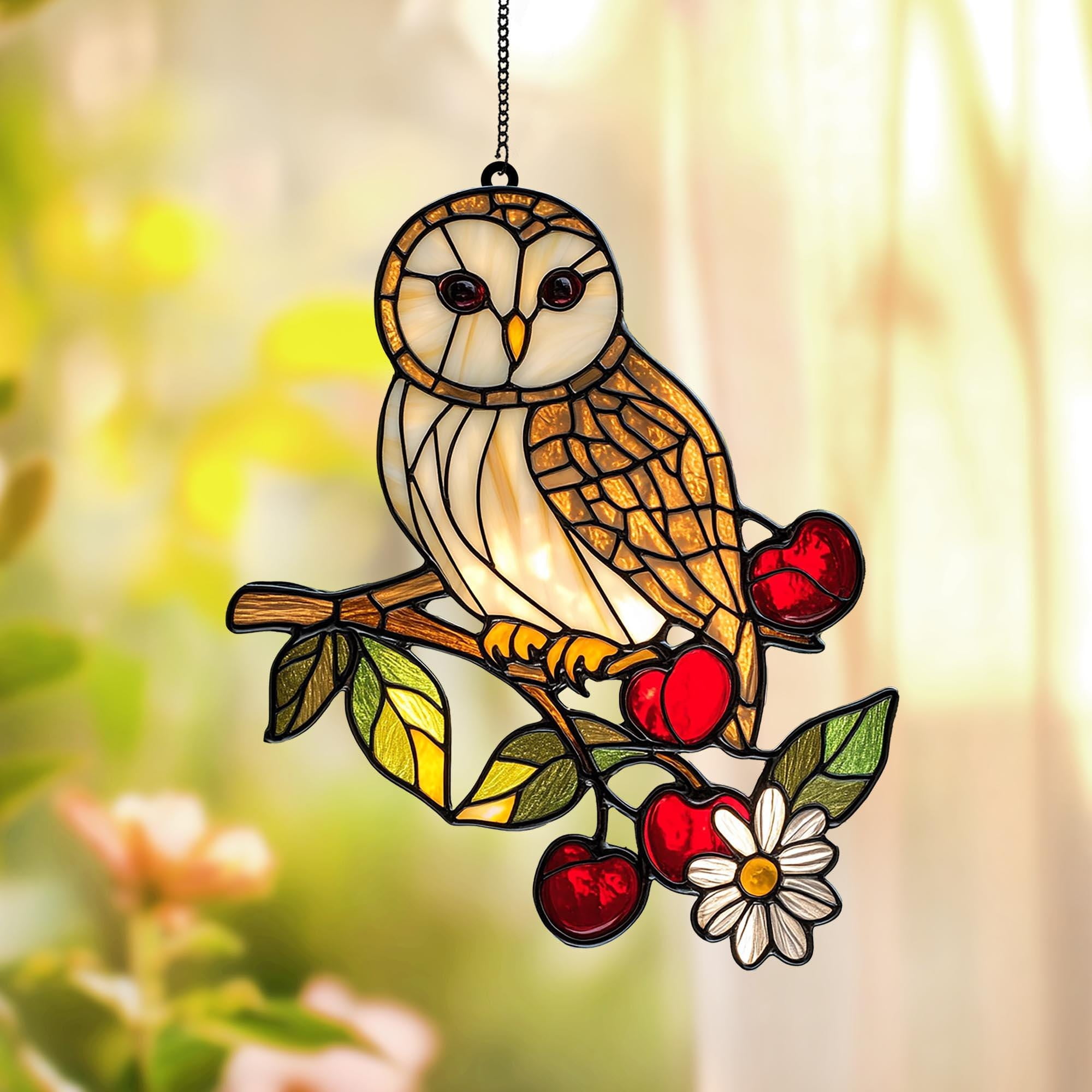 Barn Owl Acrylic Suncatcher fullxfull Owl with Red Cherries and Daisy ...