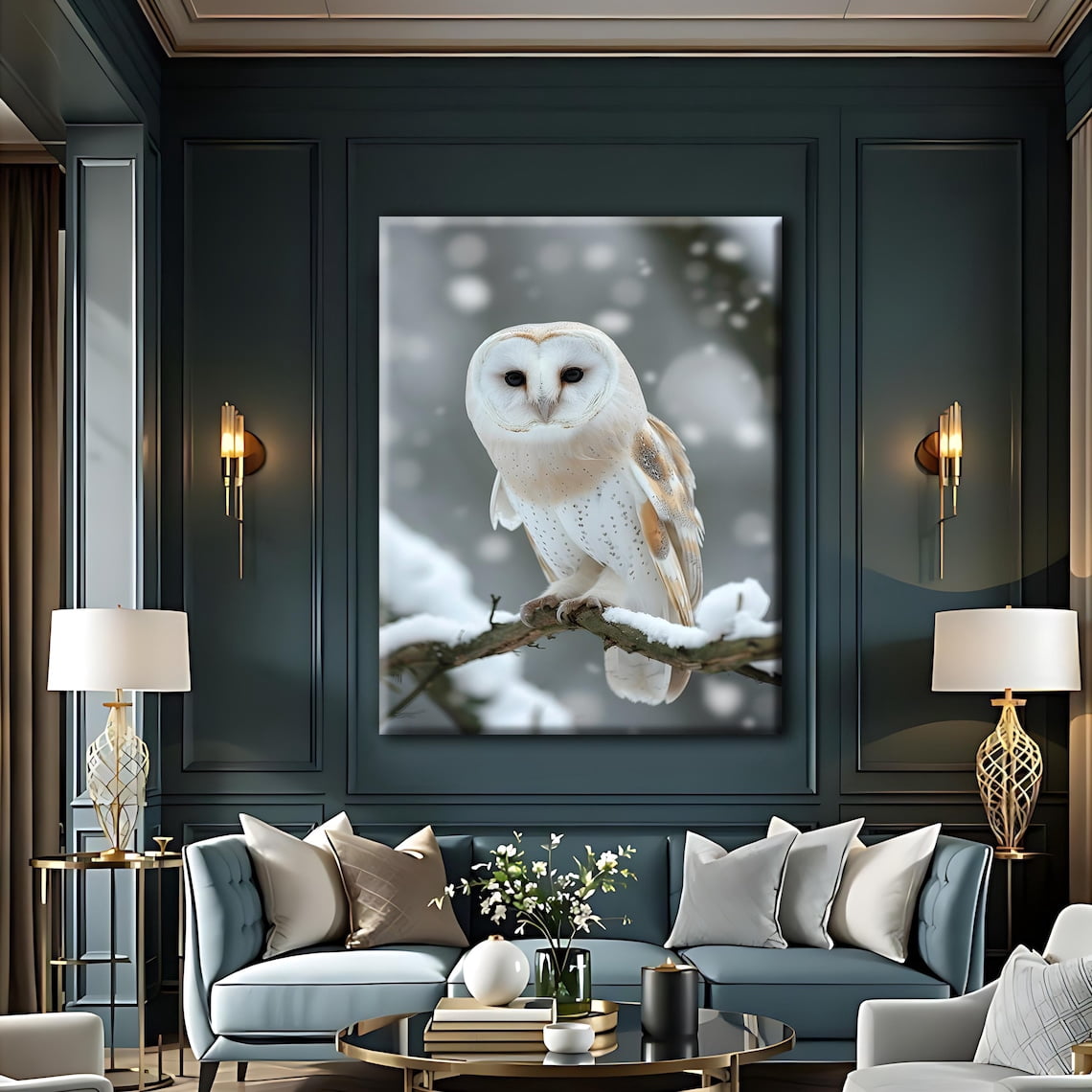Barn Owl Wall Art White Owl in Snow Winter Landscape Wildlife, Unframed ...