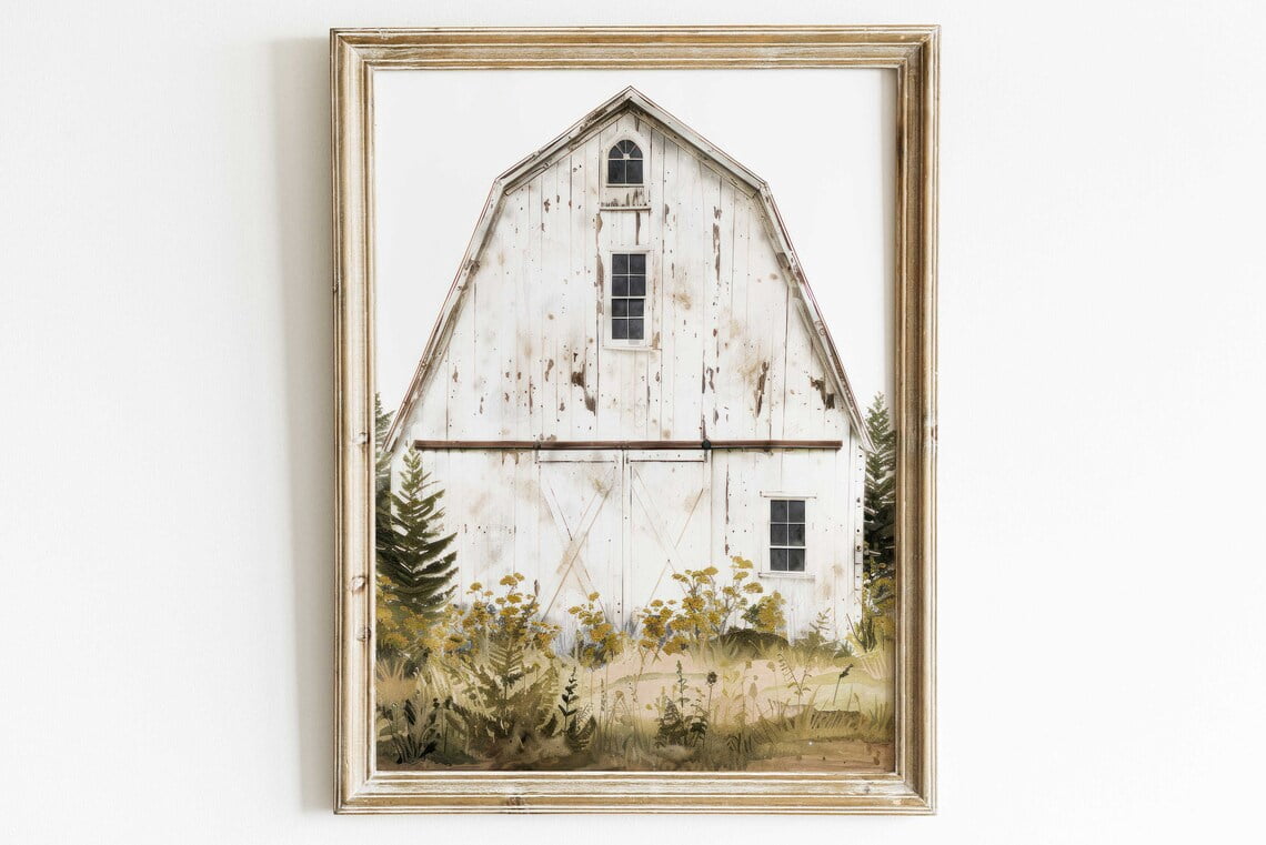 Barn Poster White Barn Rustic Farmhouse Countryside Art V2, Stretched ...