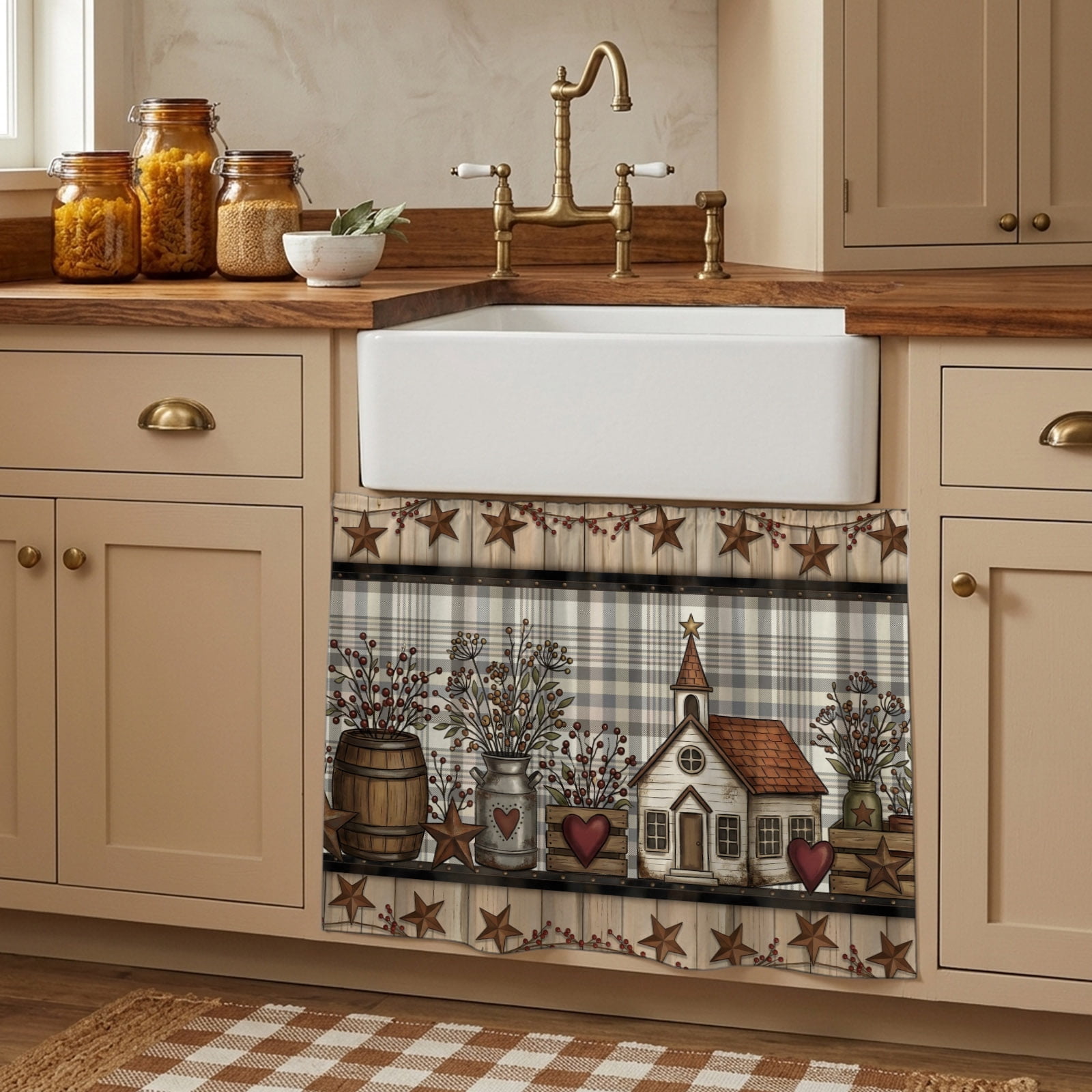 Barn Star Farmhouse Cabinet Curtains 28"W x 35L, Berry Brown Buffalo ...