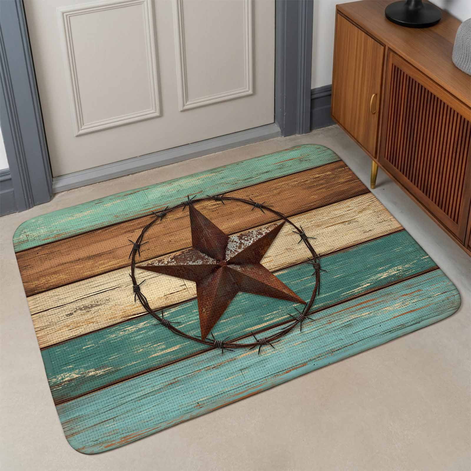 Barn Star Front Door Mat Indoor Entrance, Turquoise Wood Grain American ...