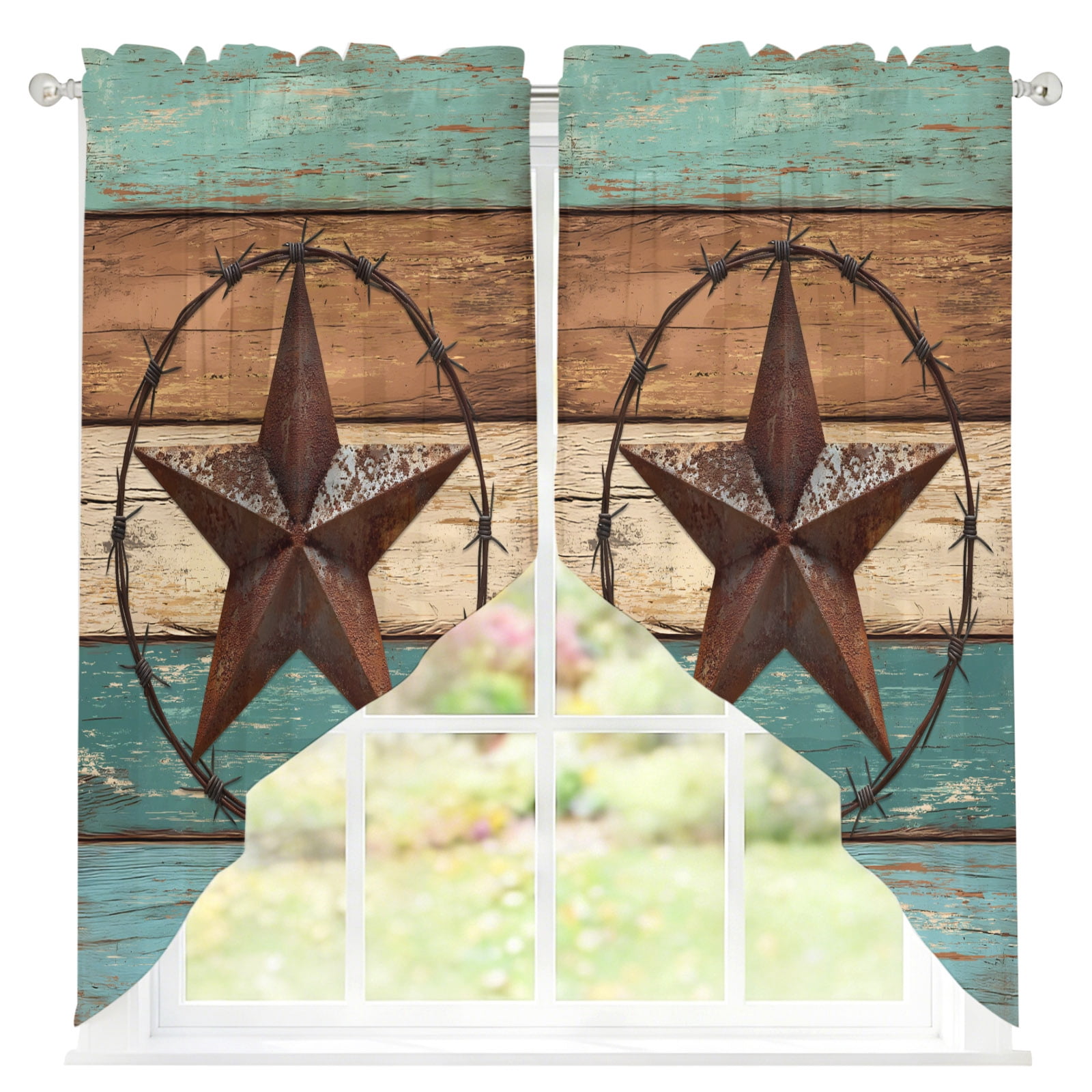 Barn Star Sheer Curtains Swag Valances for Windows Turquoise Wood Grain ...