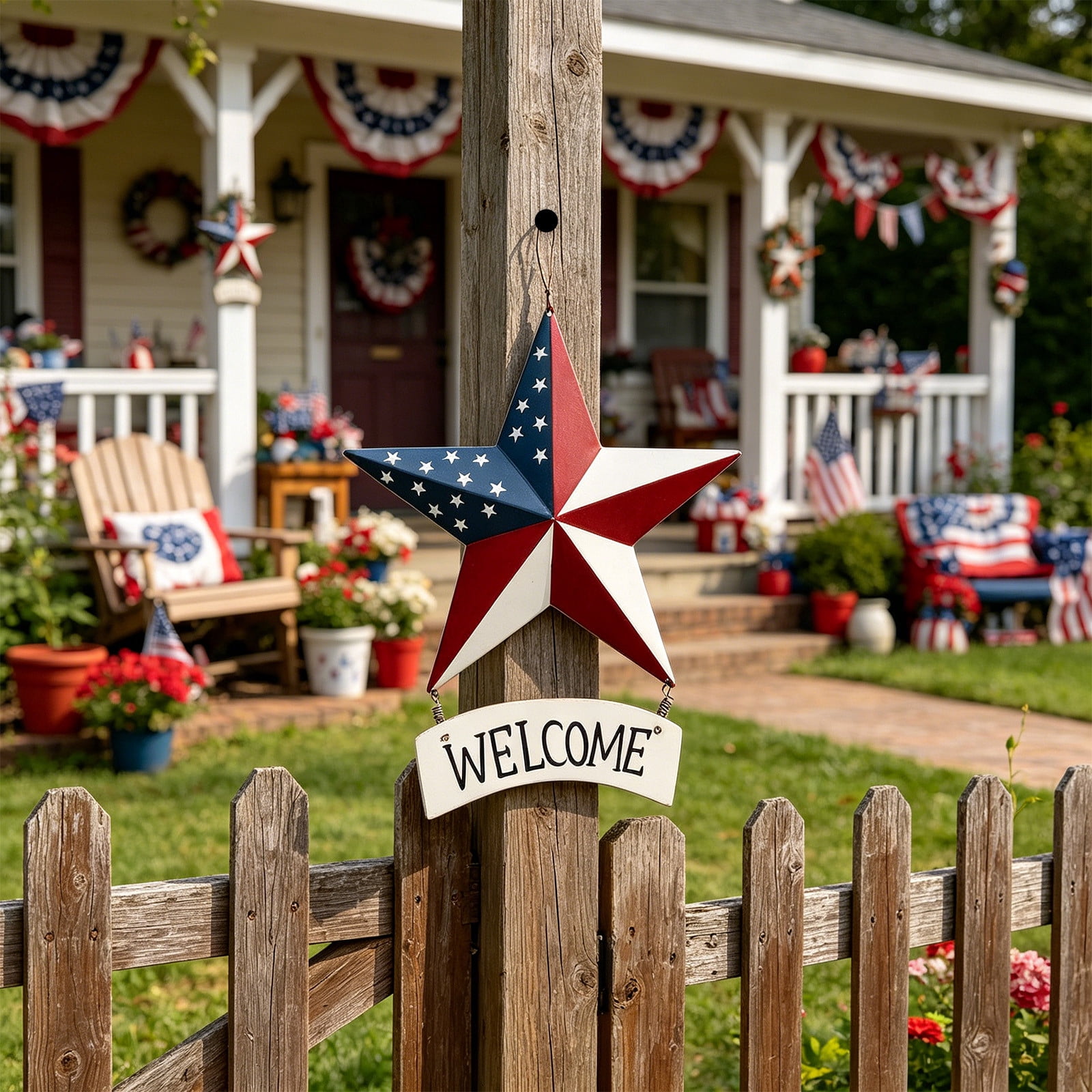 Barn Star Welcome Sign Patriotic Decor Hanging American Flag Plaque ...