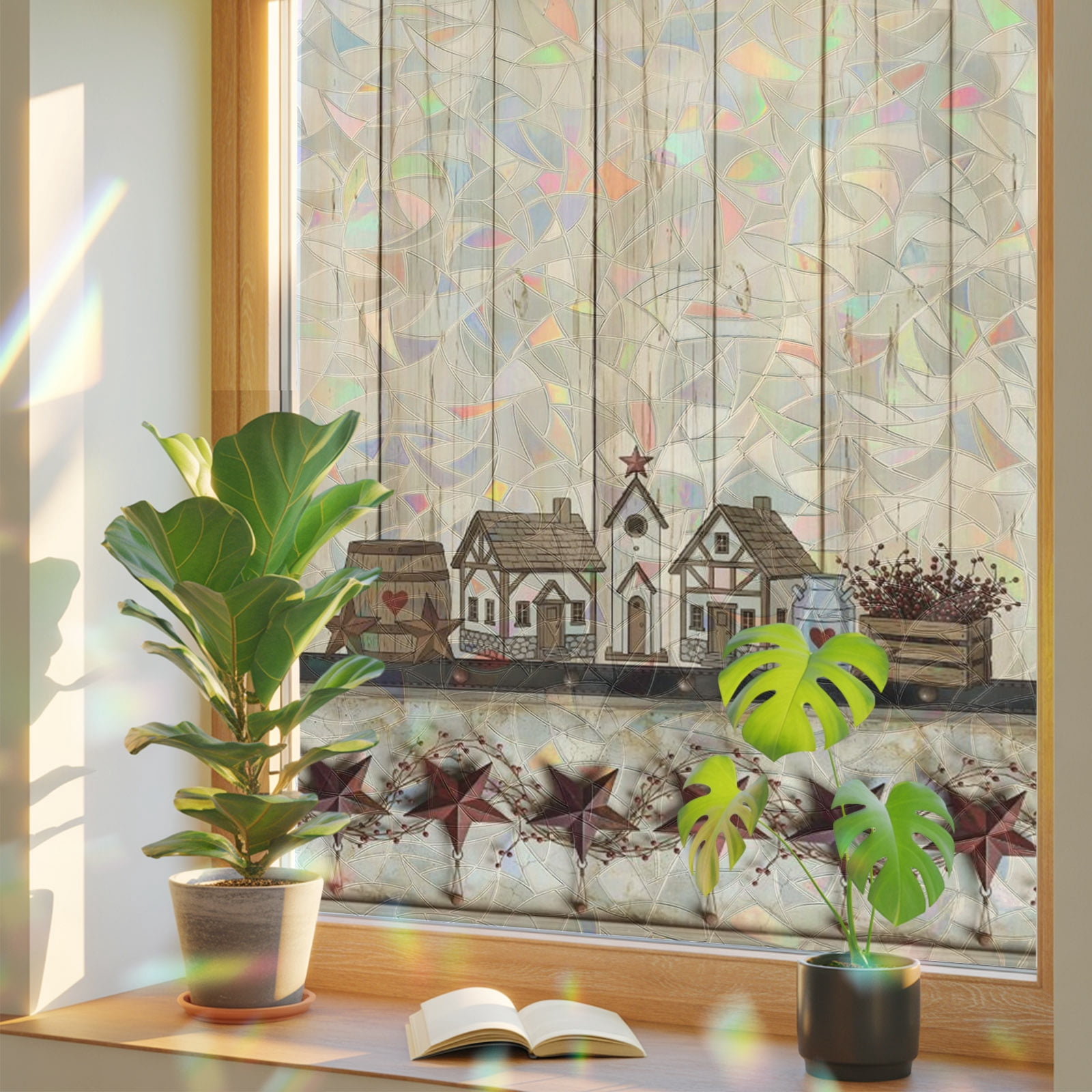 Barn Star Wooden Window Privacy Film Rainbow Static Cling Stain Glass ...
