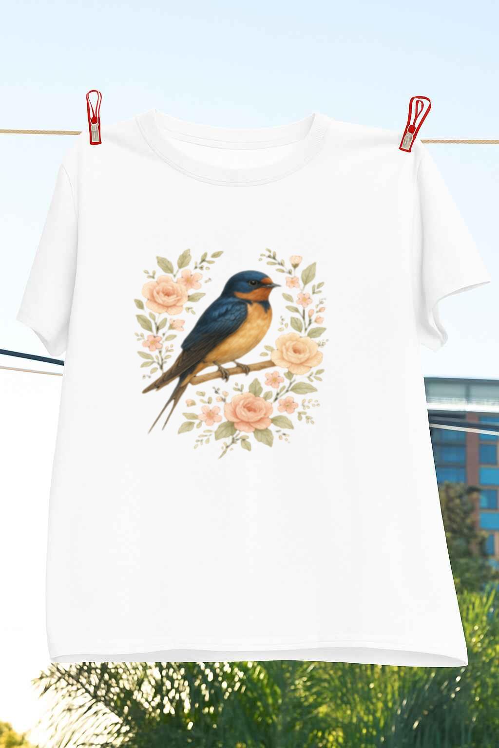 Barn Swallow Bird with Vintage Floral Print Unisex T Shirt Casual Wear ...