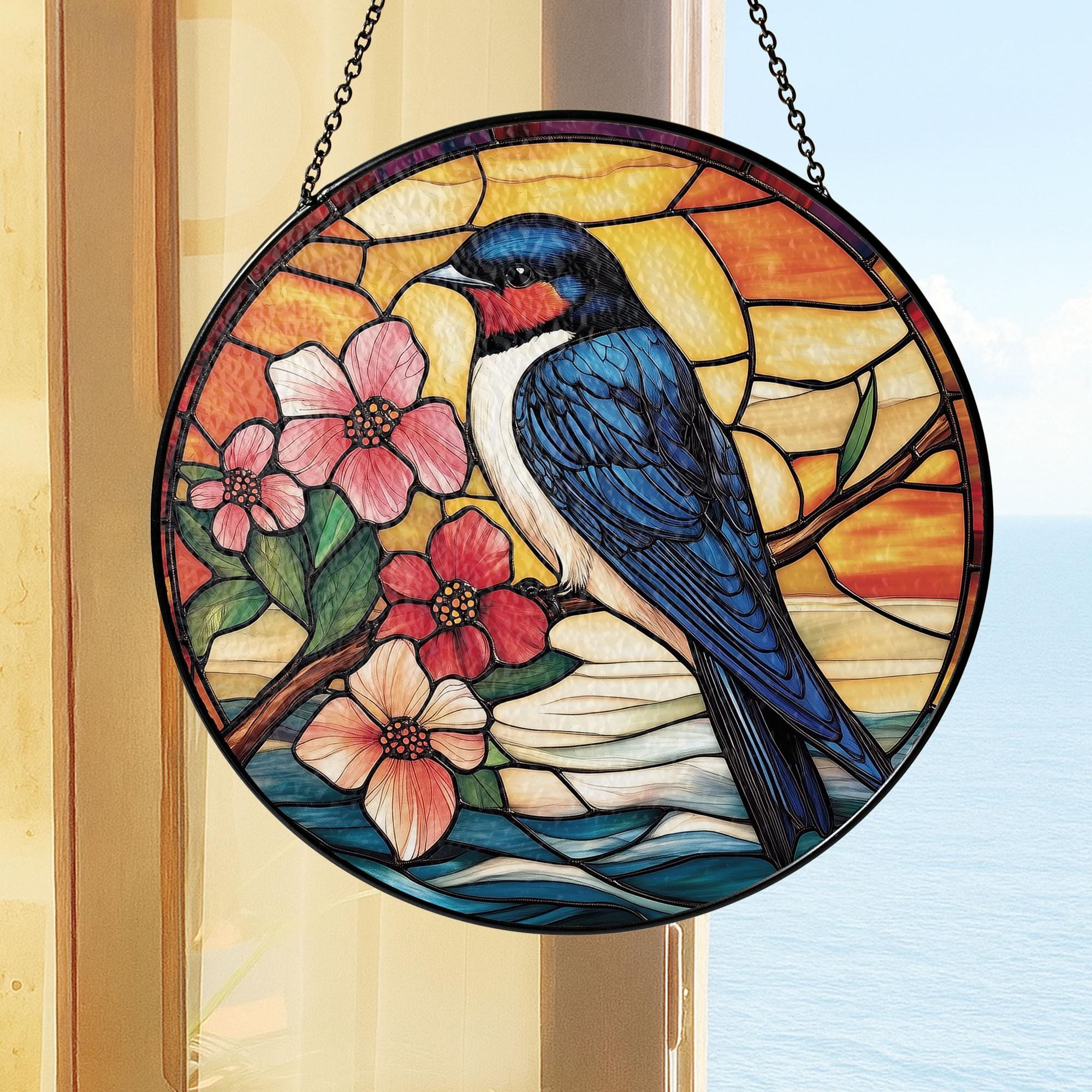 Barn Swallow Stained Glass Suncatcher Colorful Bird Window Hanging with ...
