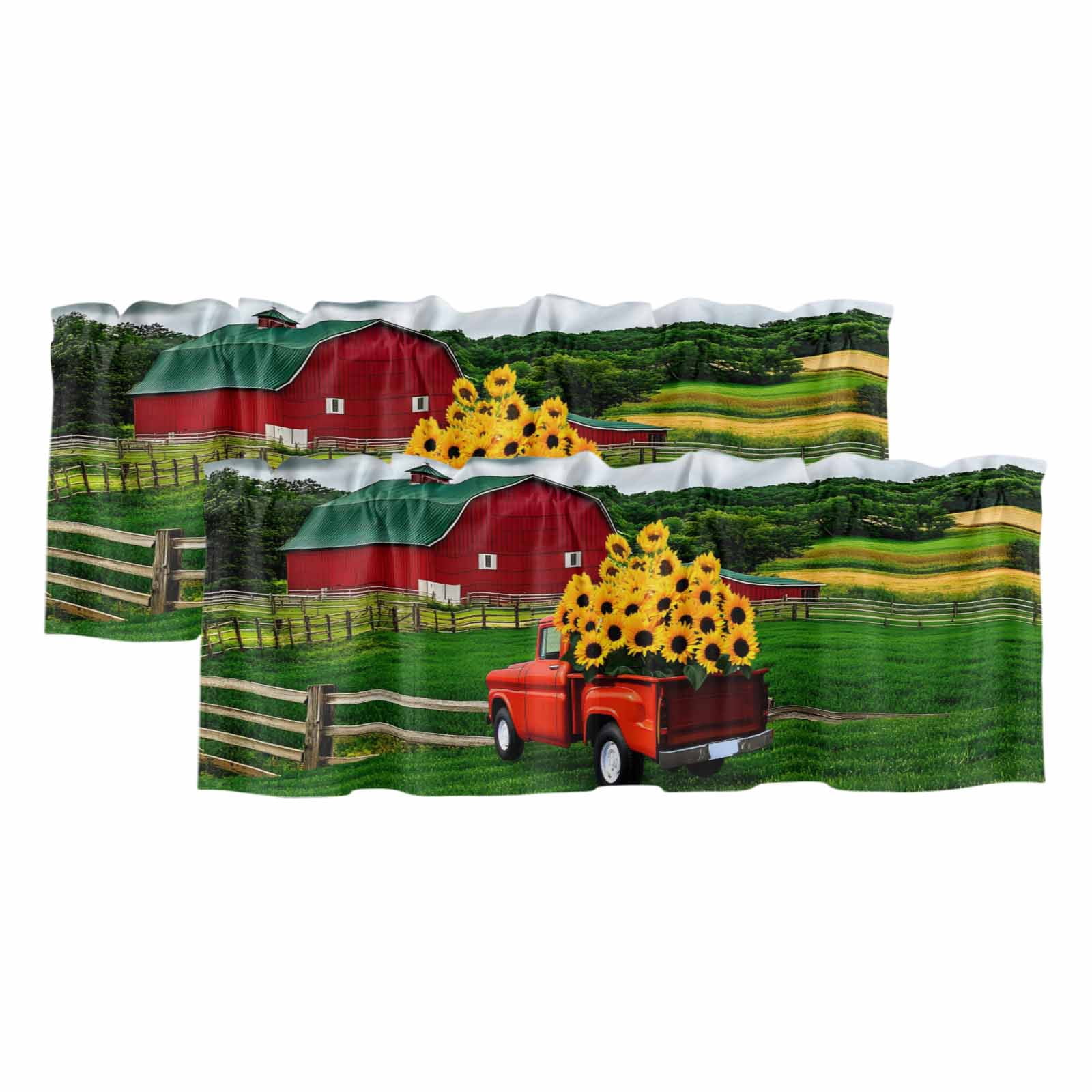 Barn Truck Sunflower 2 Panels Kitchen Valance, Farm Countryside Rustic ...