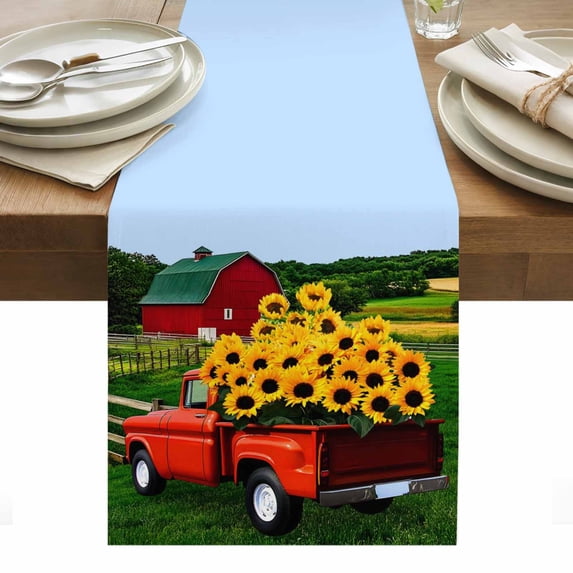 Barn Truck Sunflower Cotton Linen Table Runner Farm Countryside Rustic ...