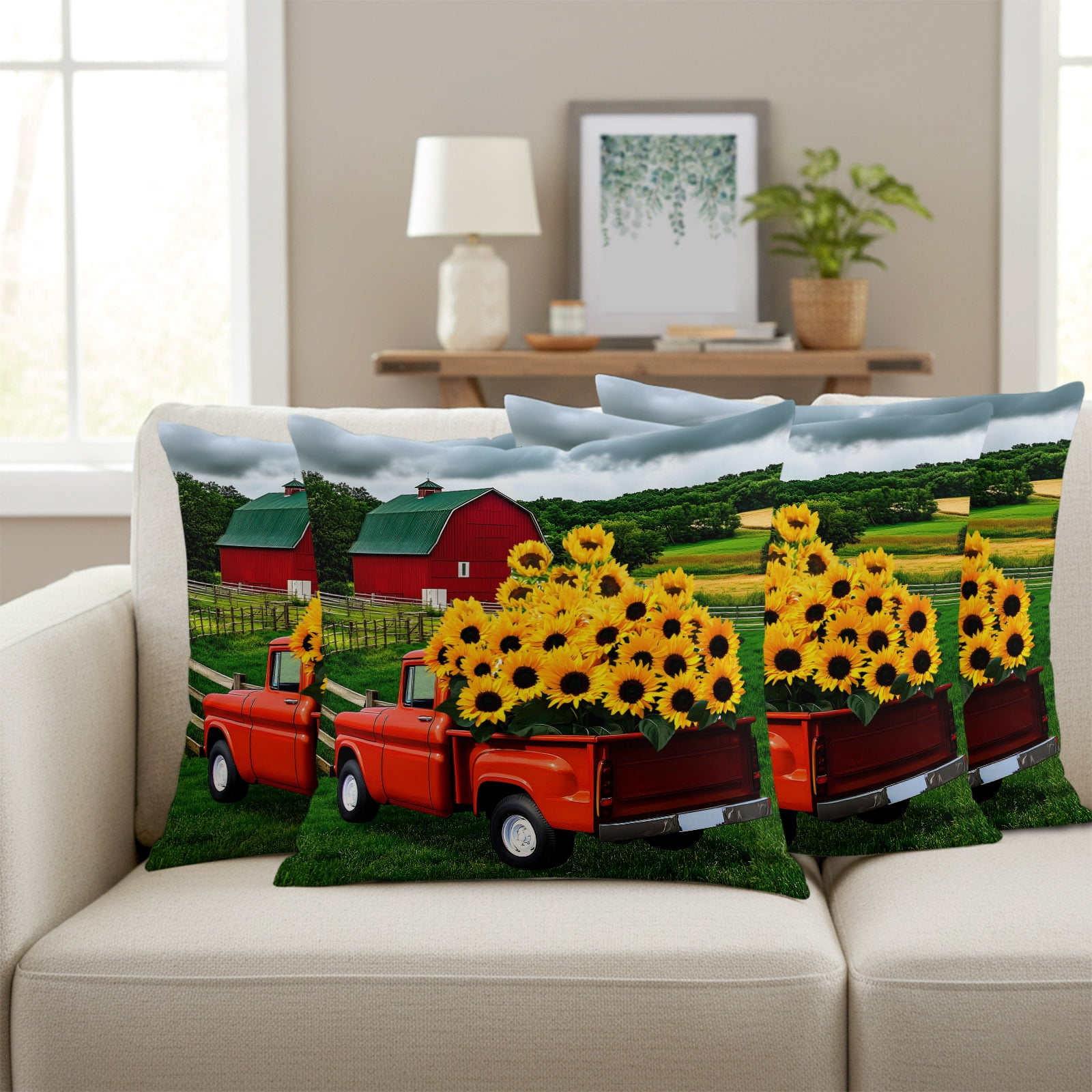 Barn Truck Sunflower Pillow Covers Set of 4, Farm Countryside Rustic ...