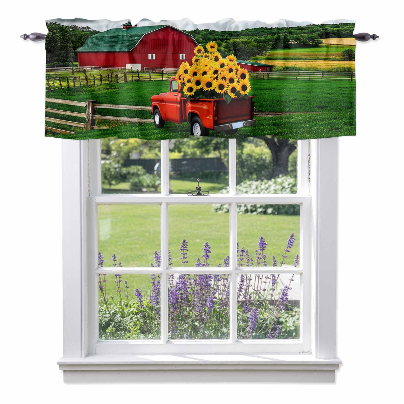 Barn Truck Sunflower Valance Curtain Farm Countryside Rustic Window ...