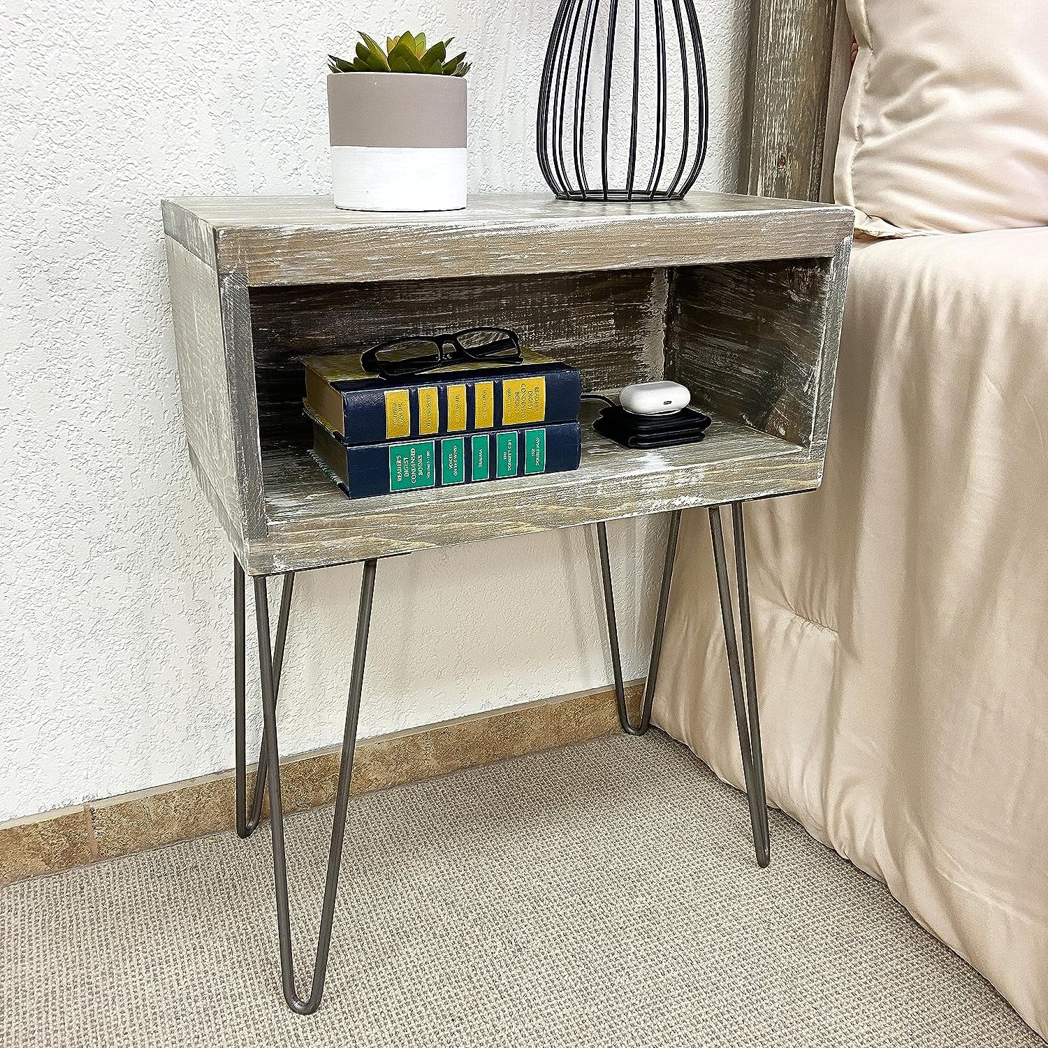 Barn Walls Graywash Design Nightstand/Bedside Table. 25" Hairpin Legs ...