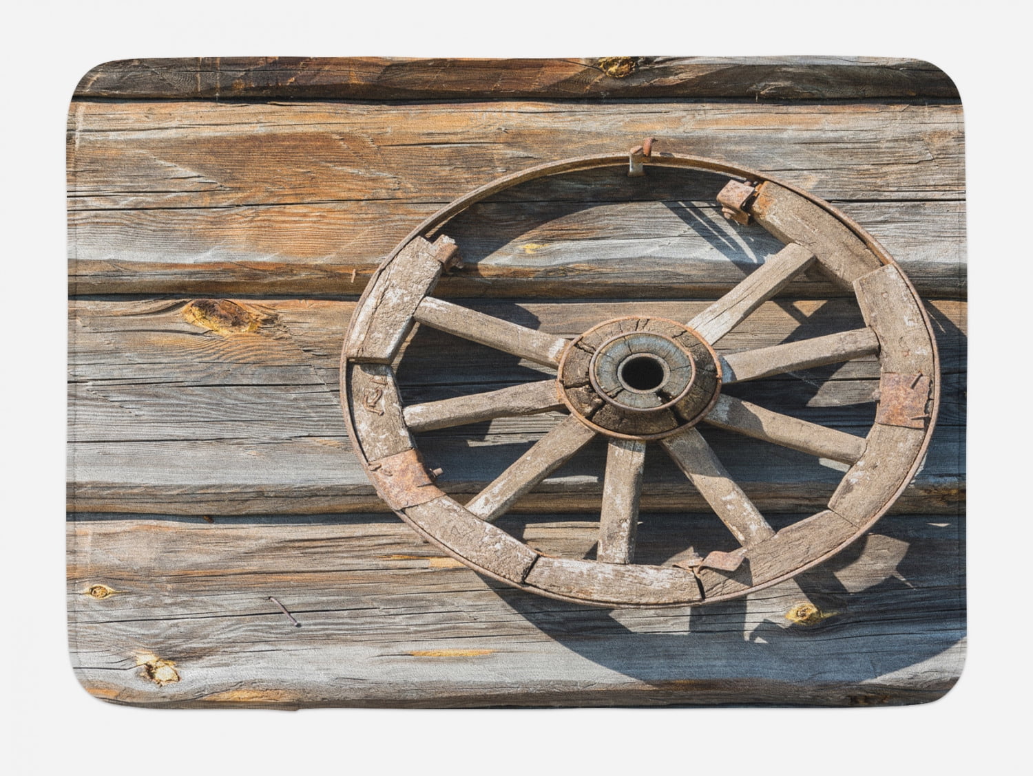 Barn Wood Wagon Wheel Bath Mat, Old Log Wall with Cartwheel Telega ...