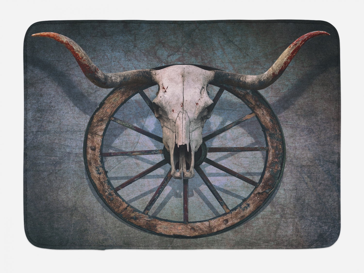 Barn Wood Wagon Wheel Bath Mat, Wild West Themed Design with Bull Skull ...