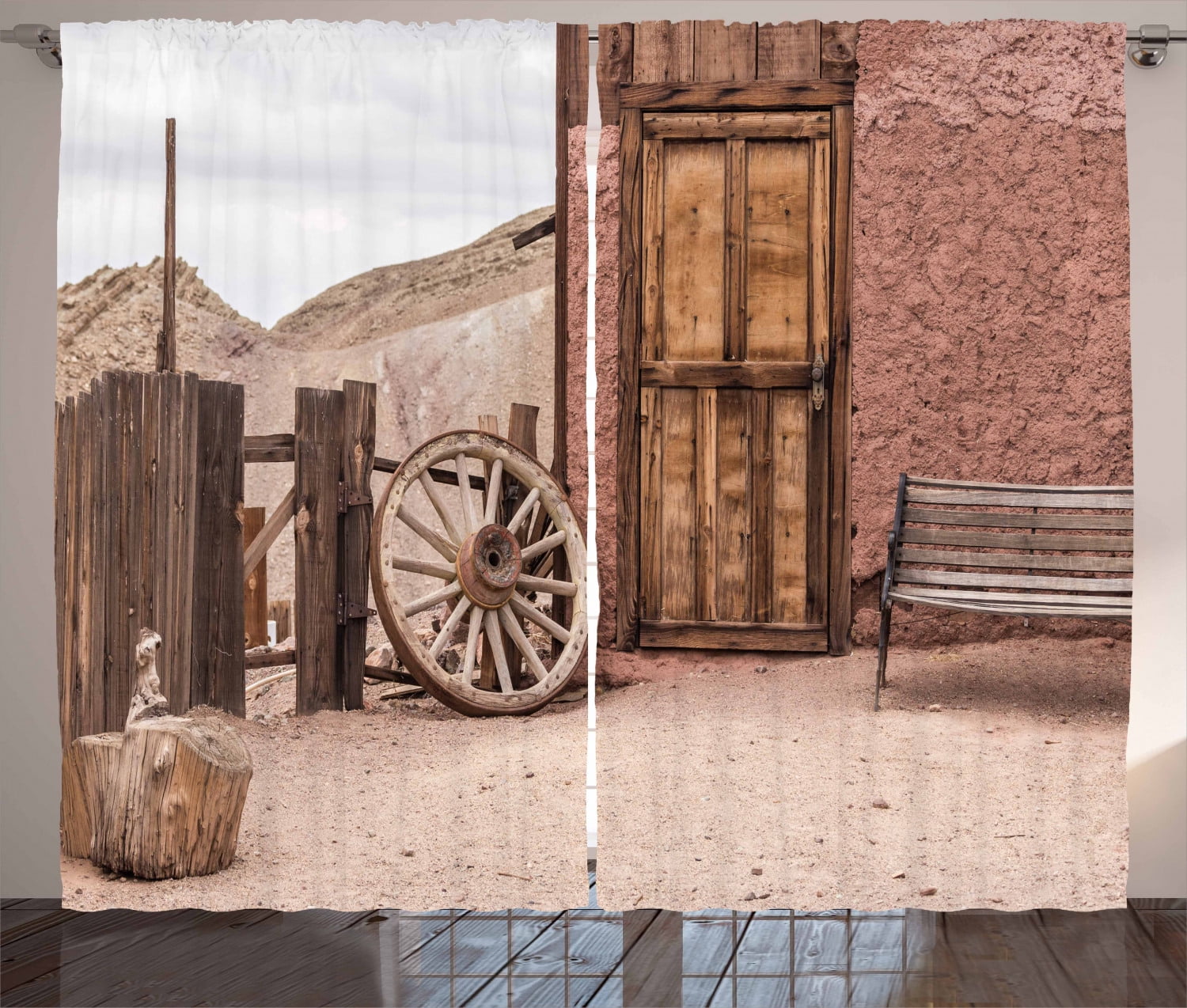 Ambesonne Barn Wood Wagon Wheel Curtains 2 Panel Set, Farmhouse, 108" x ...