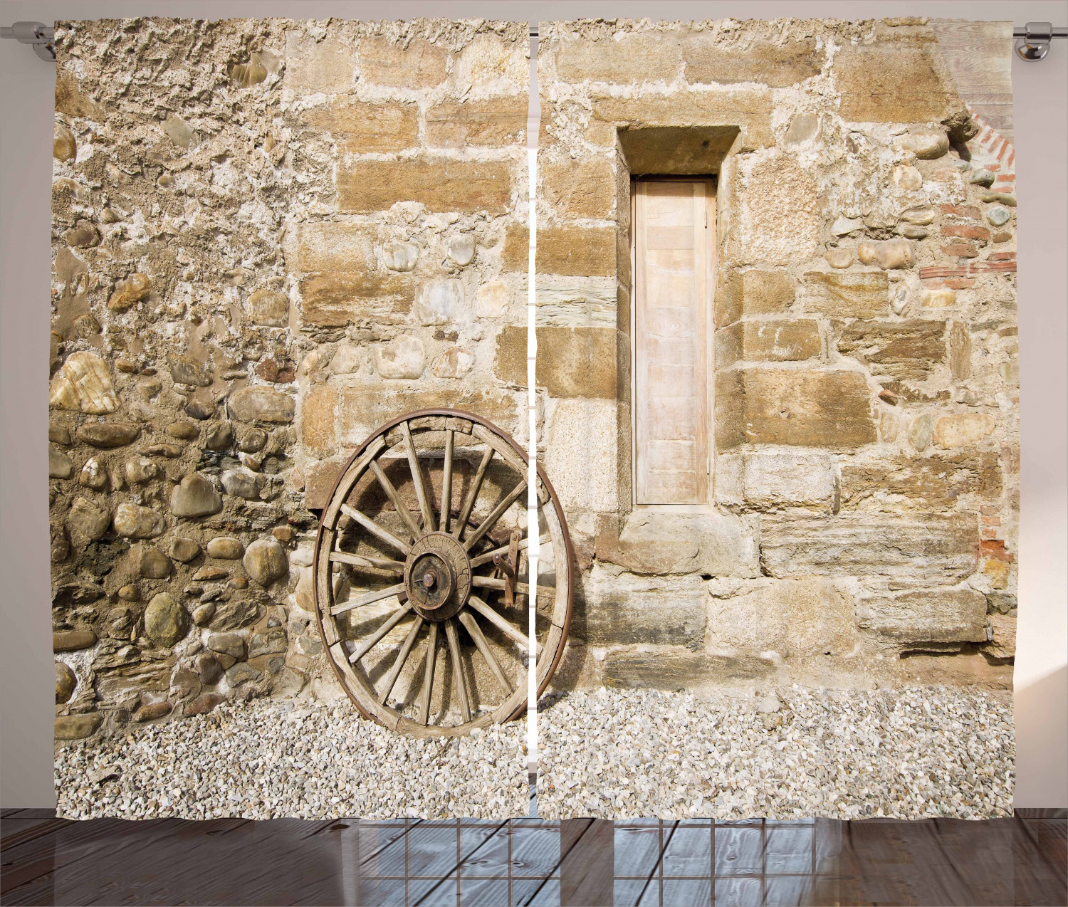 Ambesonne Wagon Wheel Curtains 2 Panel Set, Old Rural Rocky Fa‡ade, 108 ...