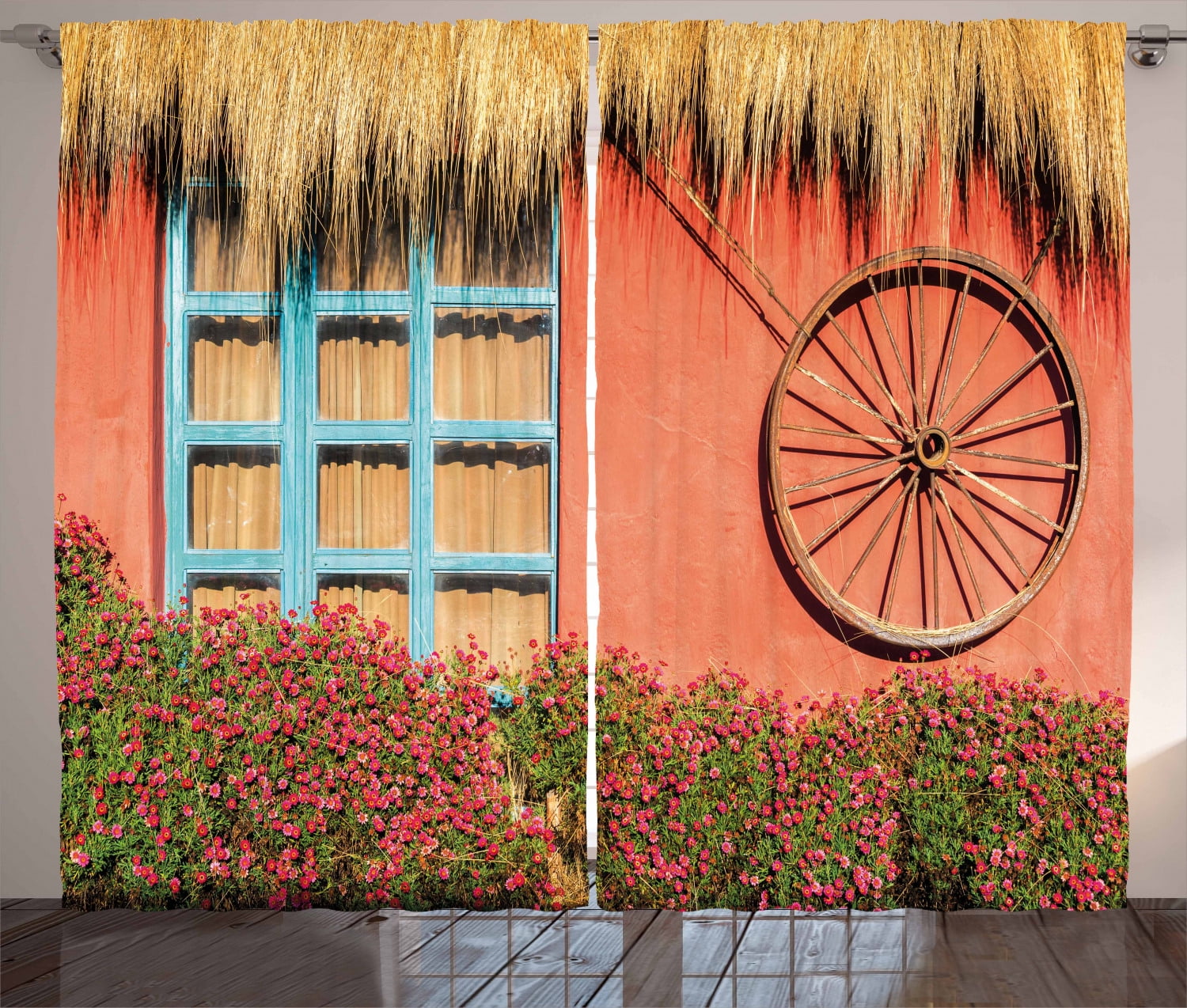 Ambesonne Wagon Wheel Curtains 2 Panel Set, Country House, 108" x 63 ...
