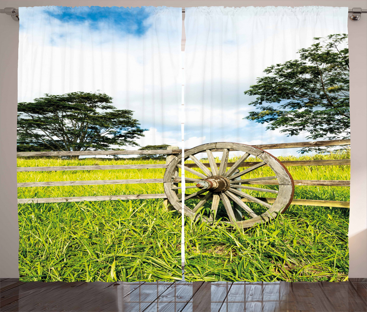 Ambesonne Wagon Wheel Curtains 2 Panel Set, Green Meadow, 108" x 90 ...