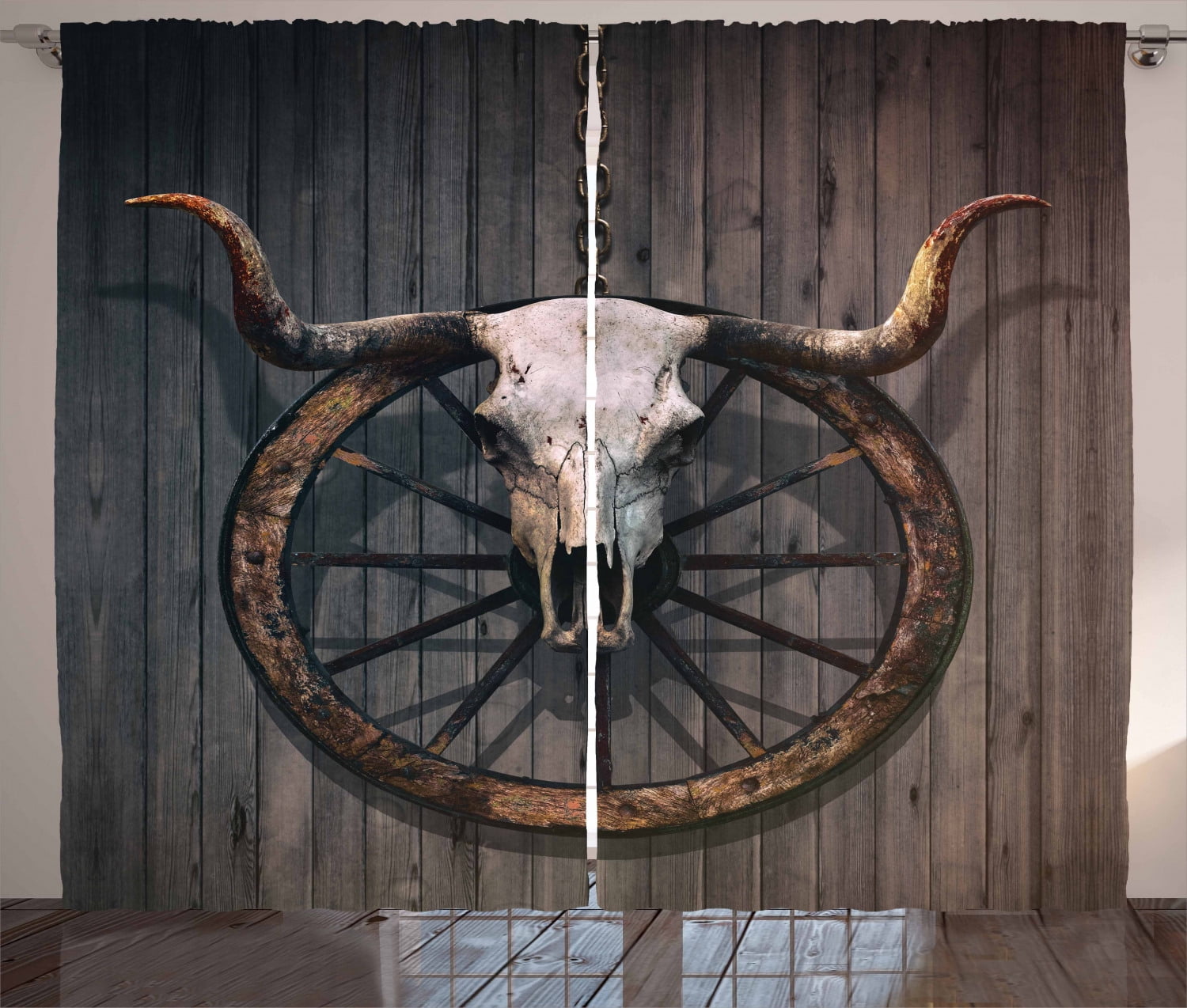 Ambesonne Wagon Wheel Curtains 2 Panel Set, Rustic Skulll, 108" x 84 ...