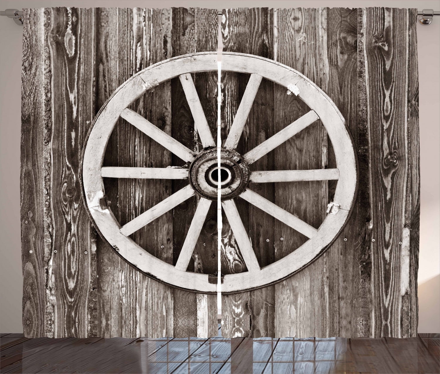 Ambesonne Wagon Wheel Curtains 2 Panel Set, Timber Wall, 108" x 63 ...