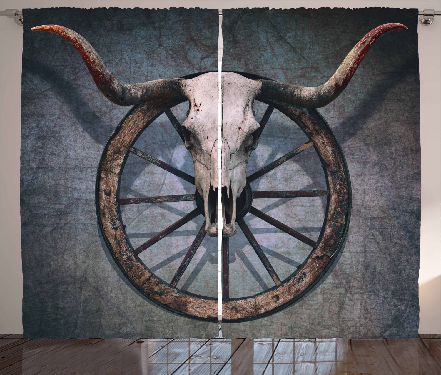 Ambesonne Wagon Wheel Curtains 2 Panel Set, West Skull, 108" x 63 ...