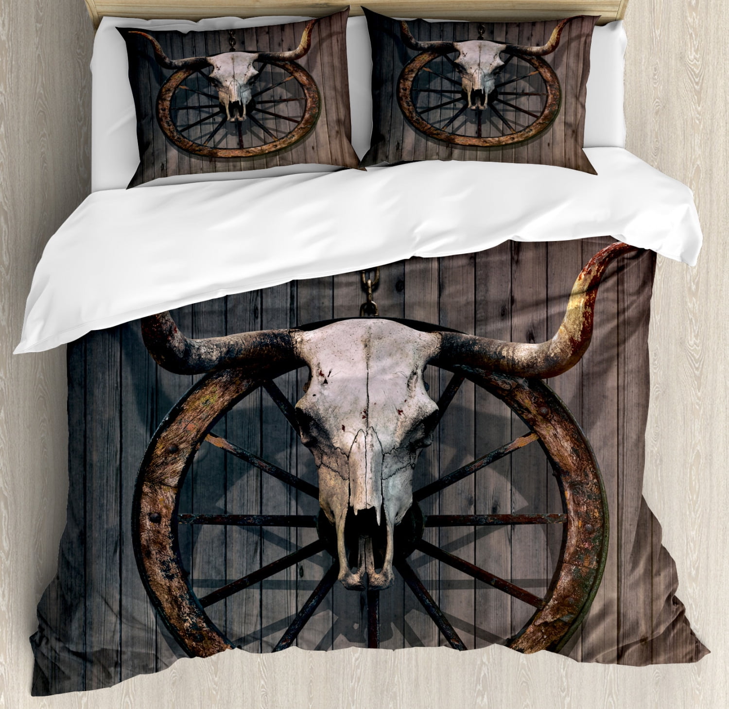 Barn Wood Wagon Wheel Duvet Cover Set King Size, Long Horned Bull Skull ...