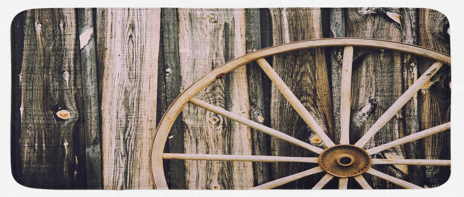 Barn Wood Wagon Wheel Kitchen Mat, Wooden Barn Door and Vintage Rusty ...