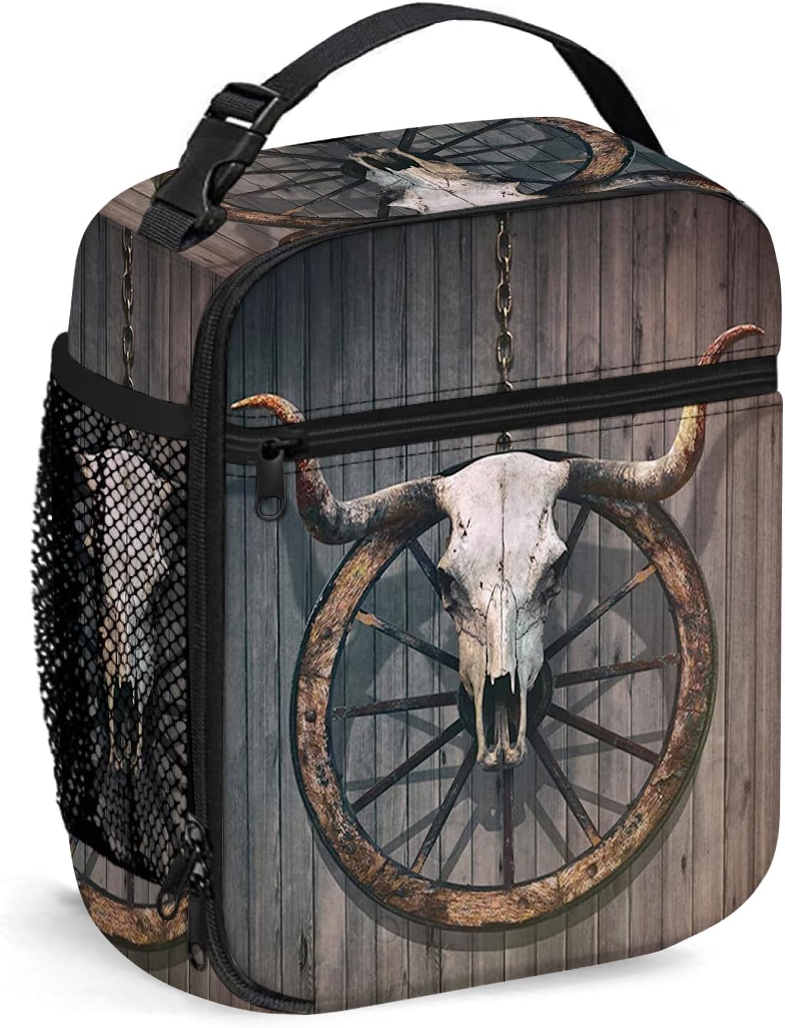 Barn Wood Wagon Wheel Lunch Box for Women - Bull Skull and Wheel on ...