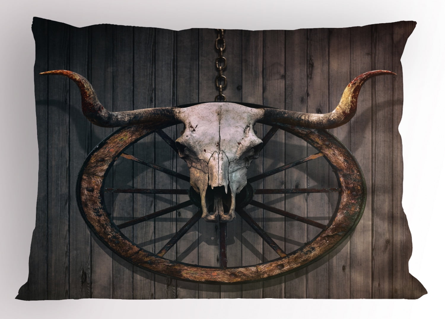 Barn Wood Wagon Wheel Pillow Sham Long Horned Bull Skull and Old West ...