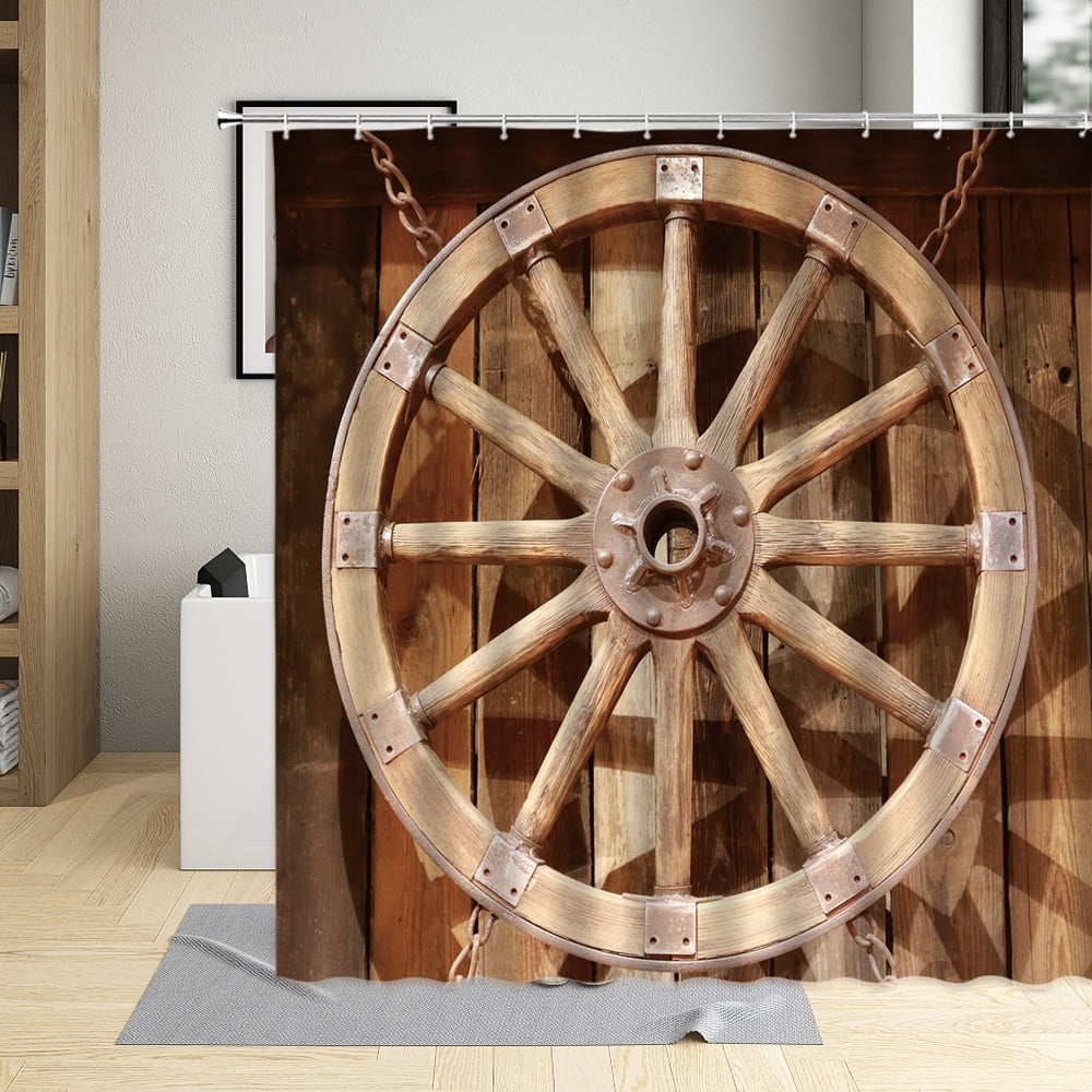 Barn Wood Wagon Wheel Shower Curtain Farmhouse Vintage Wood Grain ...