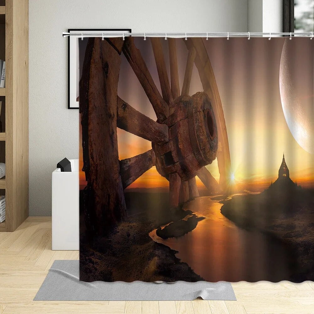 Barn Wood Wagon Wheel Shower Curtain Vintage Wood Grain Rustic Wall ...