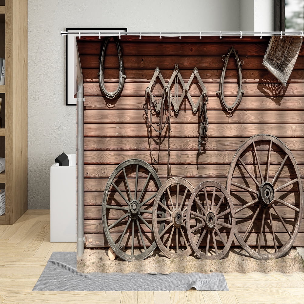 Barn Wood Wagon Wheel Shower Curtain Vintage Wood Grain Rustic Wall ...