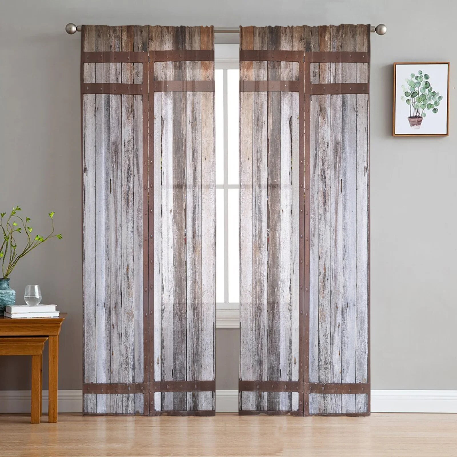 Barn Wooden Door Farm Tulle Curtains for Living Room Print Sheer Voile ...