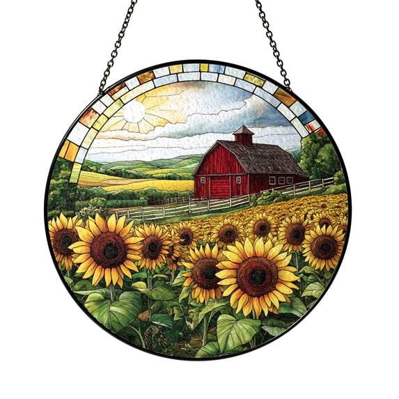 Barn and Sunflowers Stained Glass Style Round Window Suncatcher ...