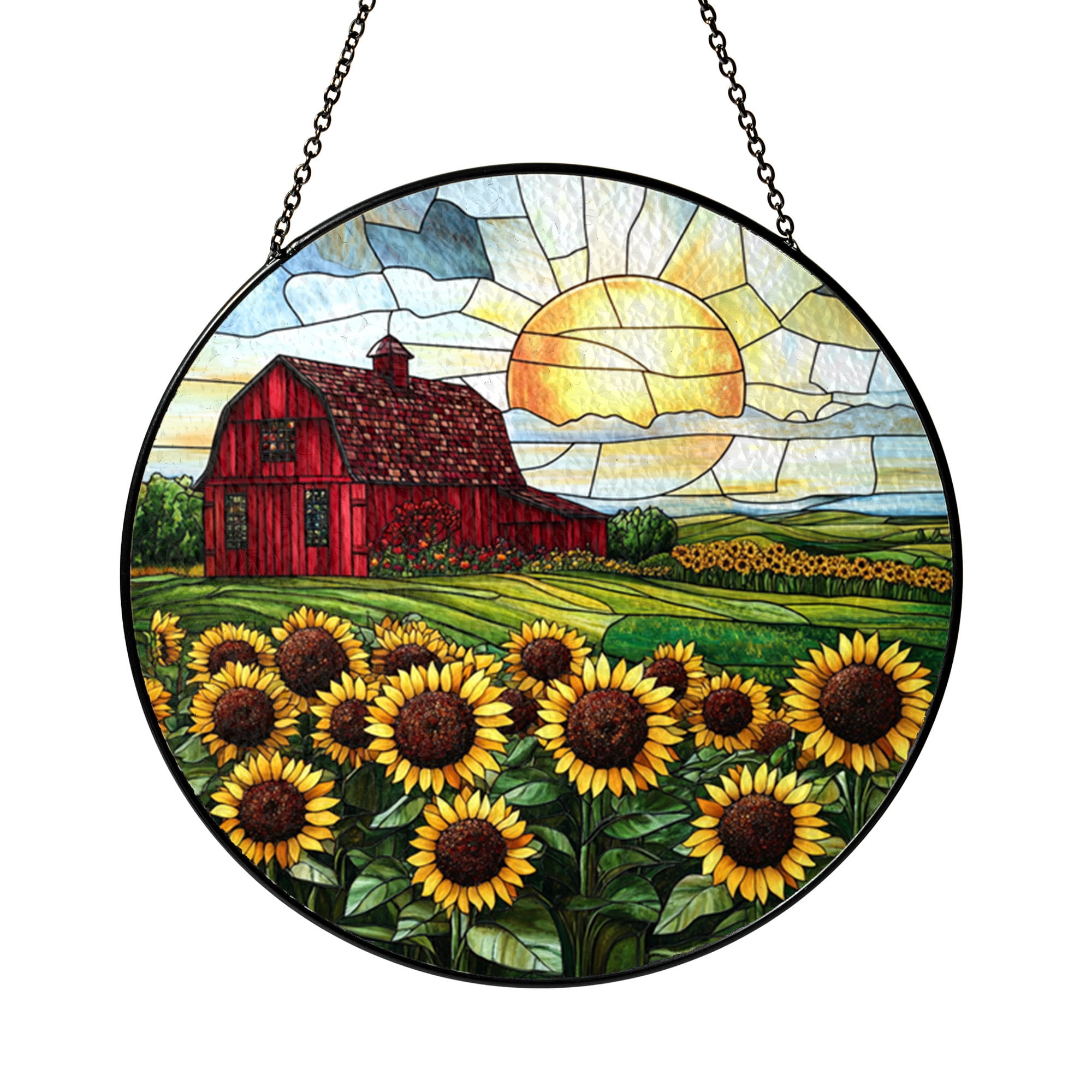 Barn and Sunflowers Stained Glass Suncatcher – Round Farm Decorative ...