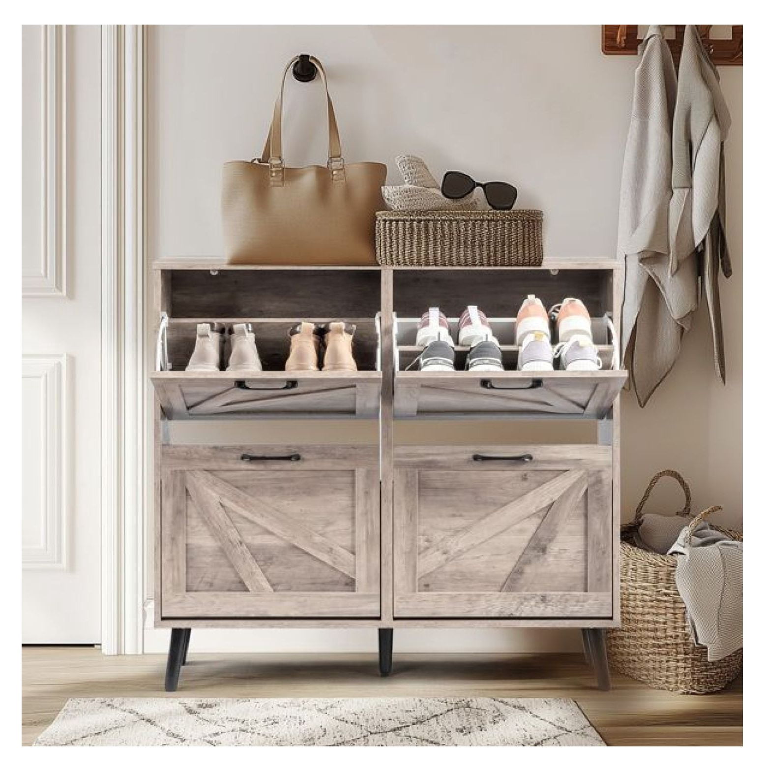 Barn door with 4 -down drawers, black metal single-sided handle ...