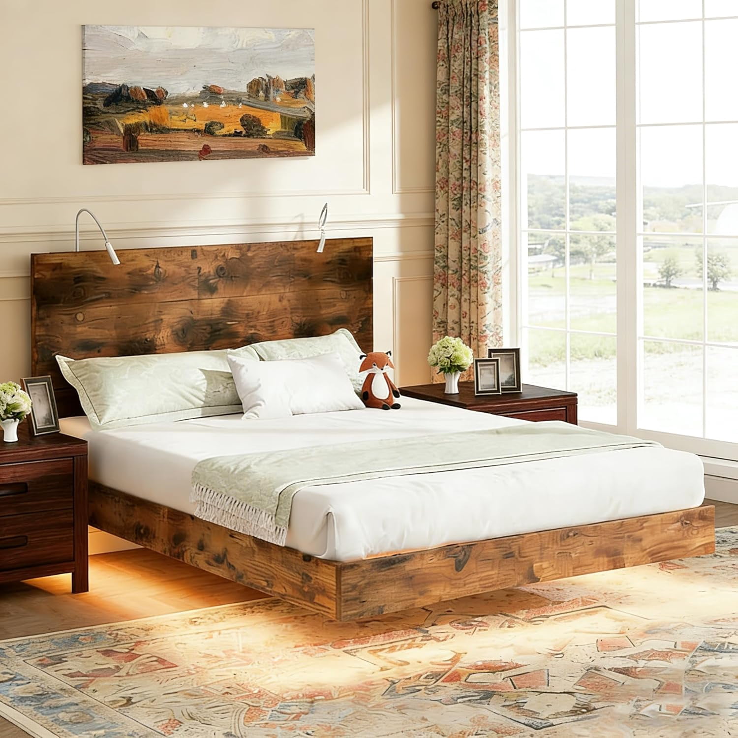 BarnFurin Floating Bed Frame Full with Led Lights, Wooden Bed Frame ...