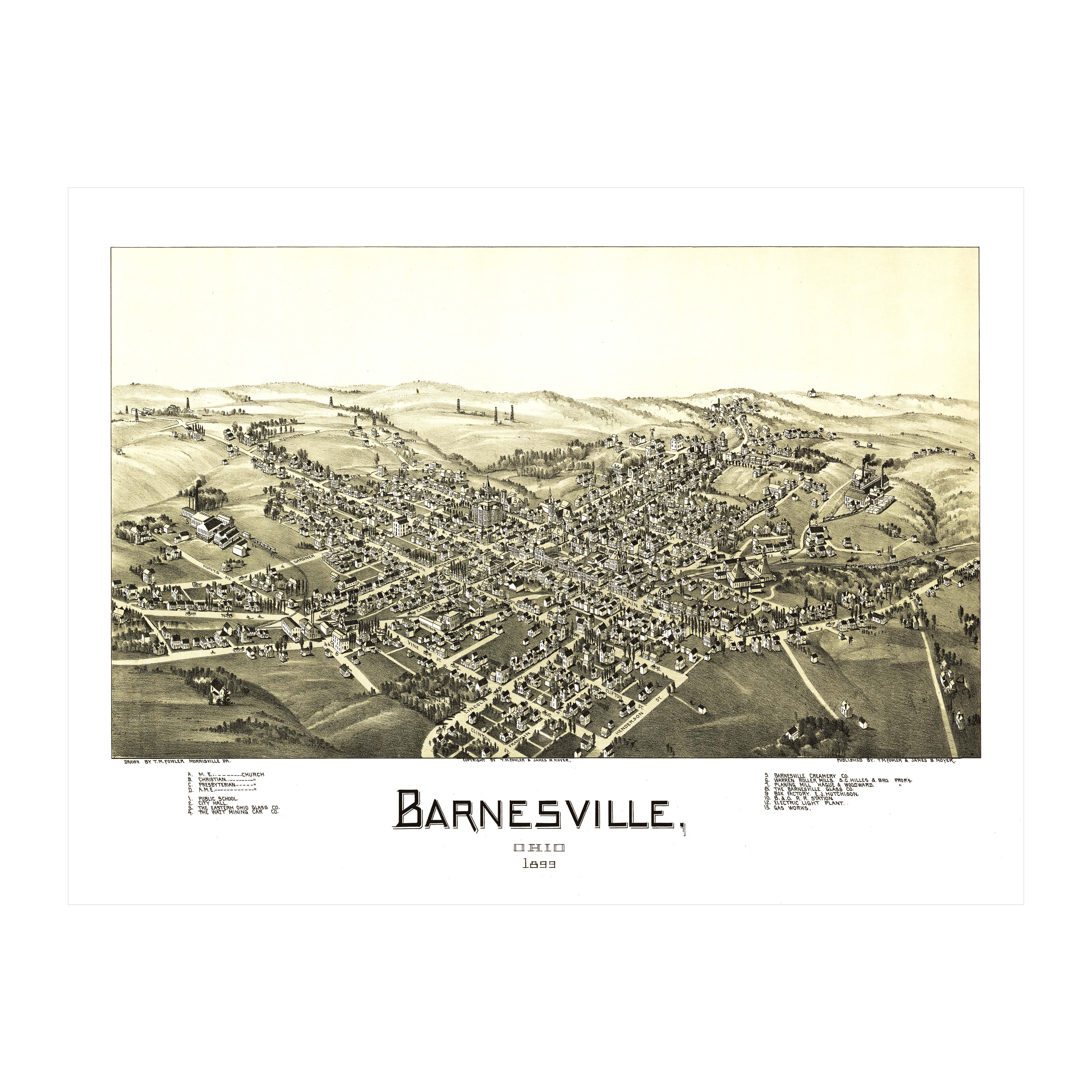 Barnesville Art, 1899 Vintage Map of Barnesville Ohio, OH History Wall ...