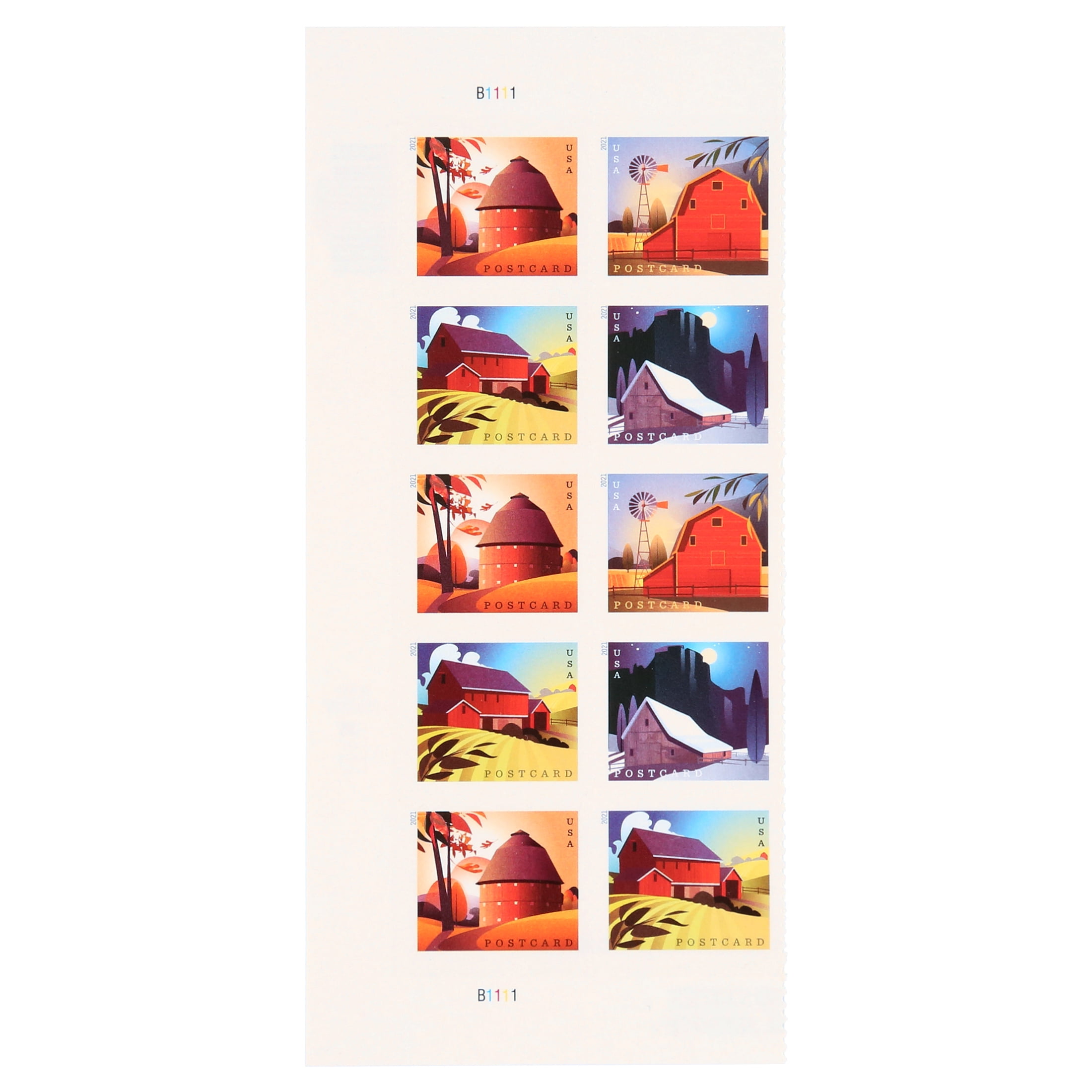 Barns USPS Postcard Rate Postage Stamps, Strip of 10, American History ...