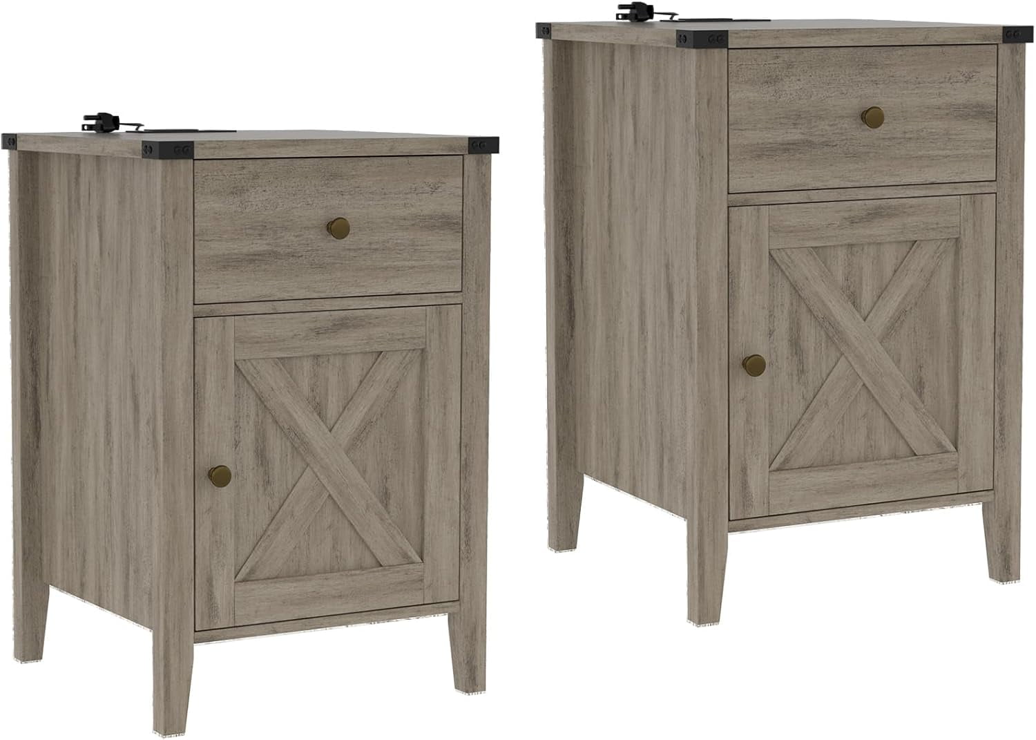 Barnwood Rustic Farmhouse Nightstand with Charging Station, Side Table ...