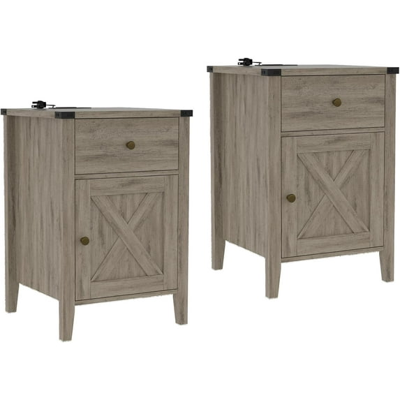 Barnwood Rustic Farmhouse Nightstand with Charging Station, Side Table ...