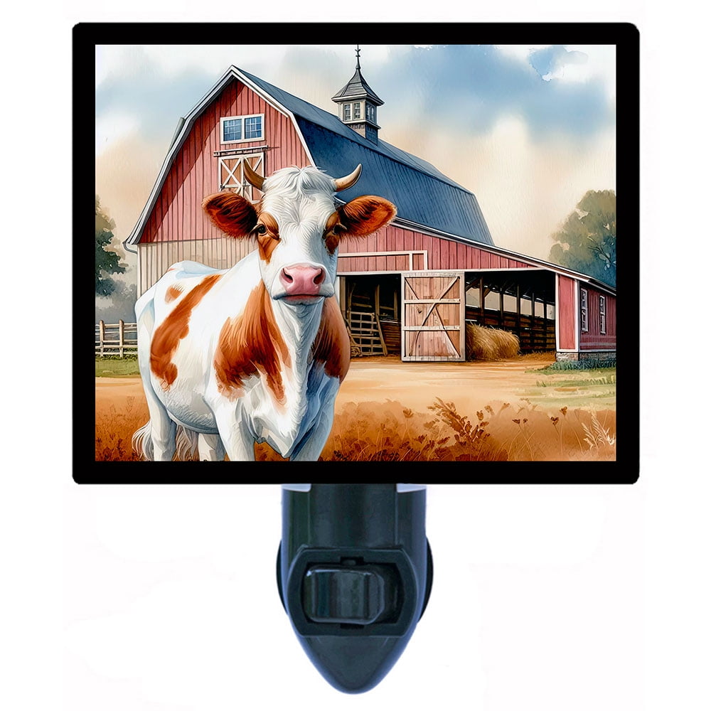 Barnyard Boss Night Light – Brown and White Cow with Red Barn Farmhouse ...