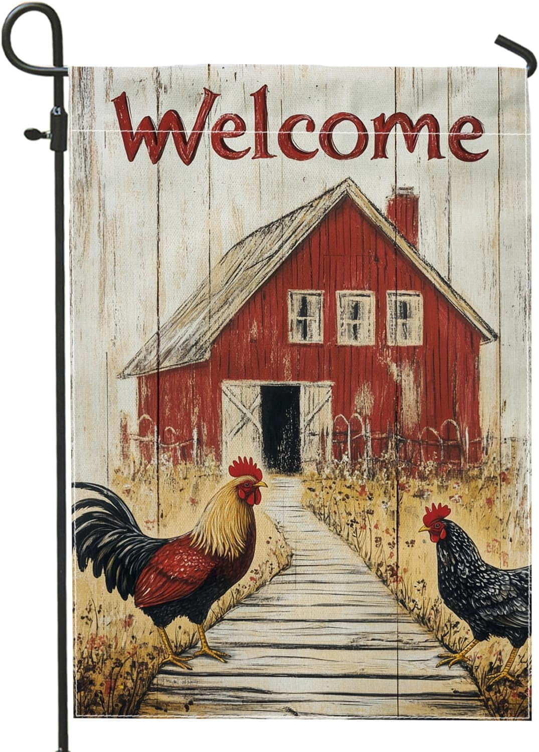 Barnyard Welcome Garden Flag, Red Farmhouse Rooster Chickens Outdoor ...