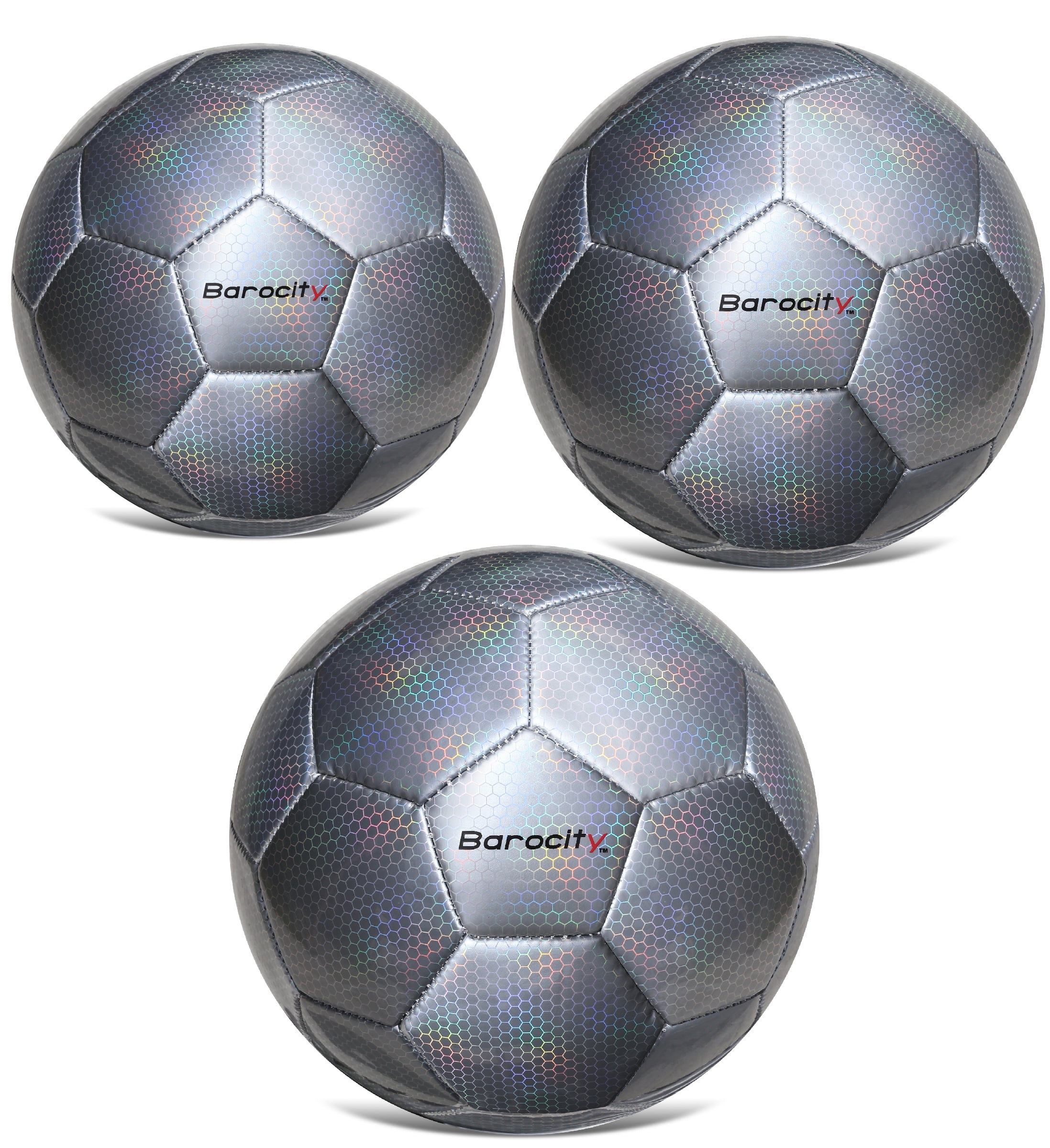 Barocity Iridescent Soccer Balls Set of 3 - Mixed Sizes Silver Official ...