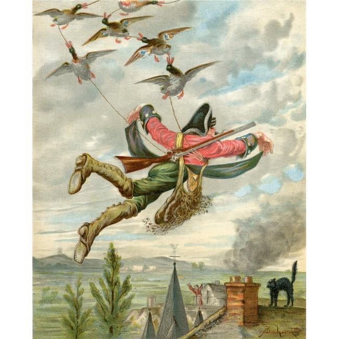 Baron Munchausen Lifted From Earth by Ducks Illustration by Alphonse ...
