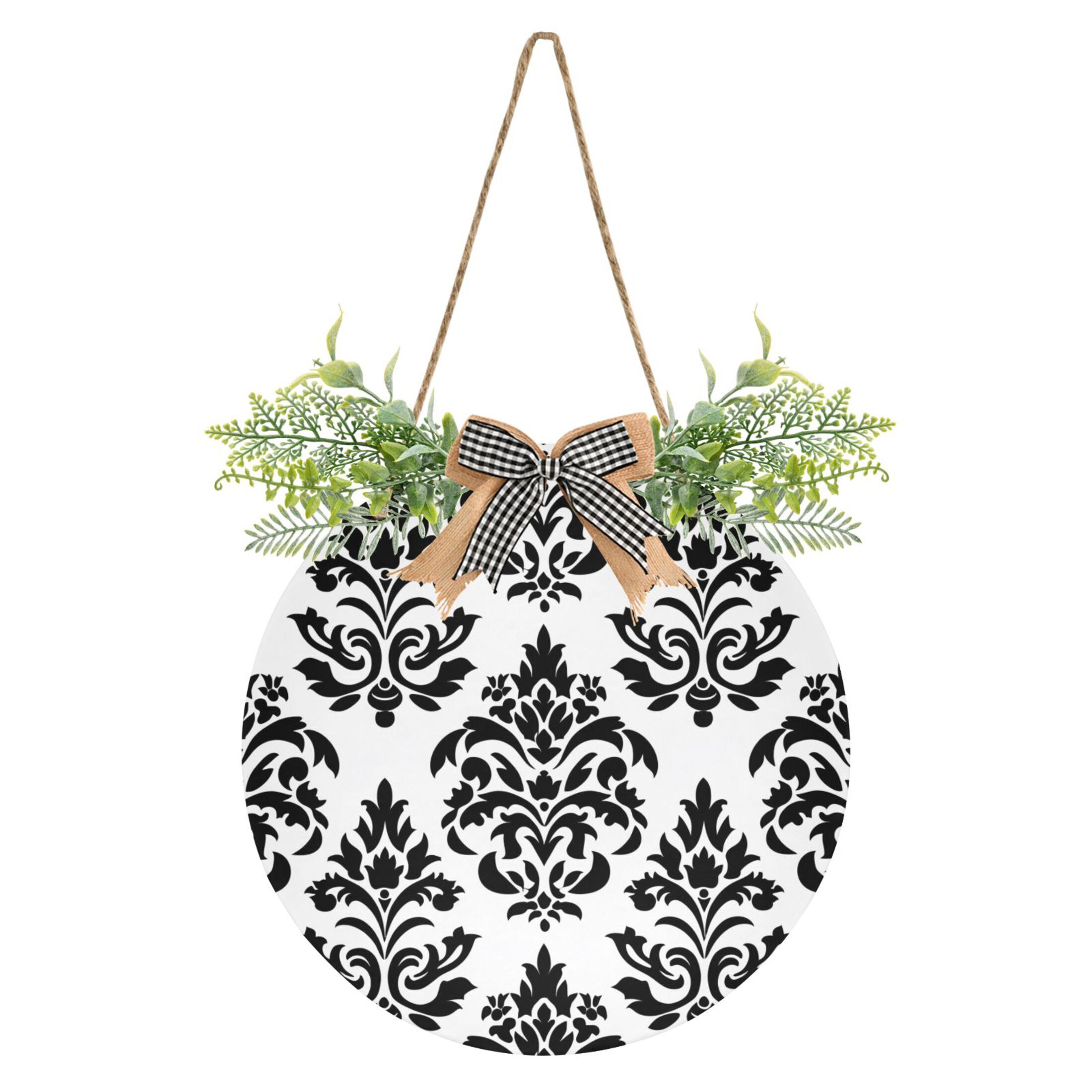 Baroque Black Damask Figure Welcome Front Door Sign Round 12 inch Porch ...