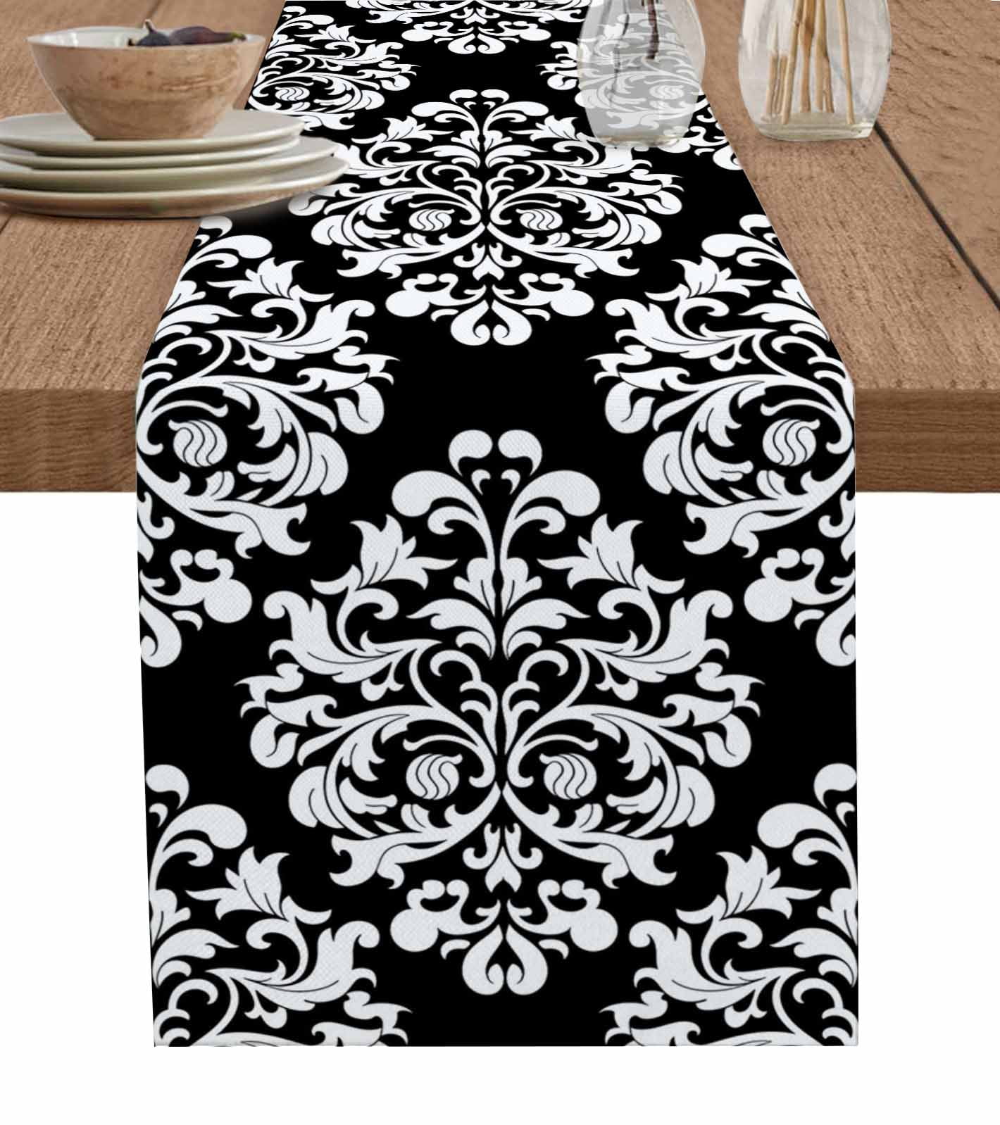 Baroque Black Table Runner 90 Inches, Vintage Damask Classic Floral Bed ...