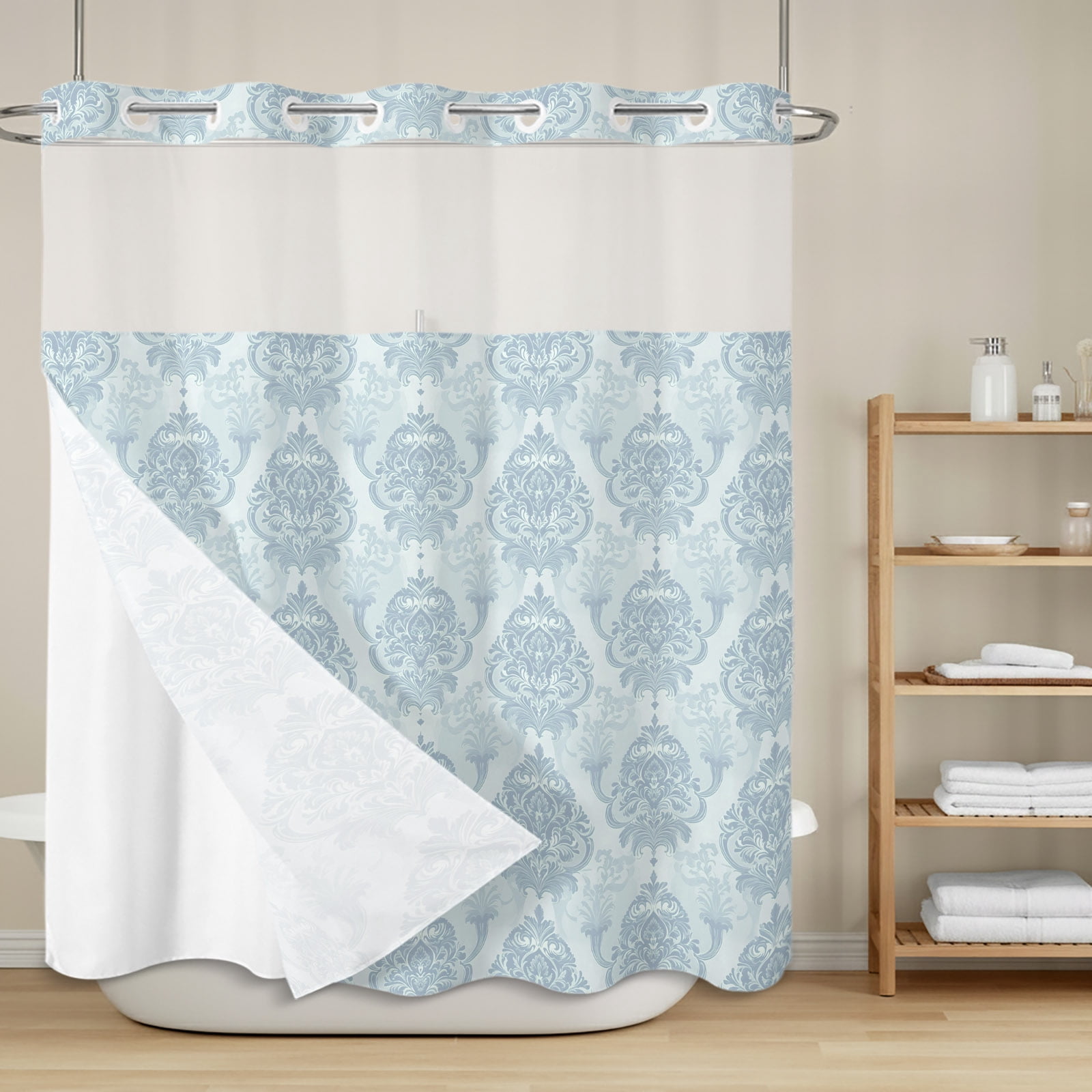 Baroque Blue Floral Pattern No Hook Shower Curtain with Snap in Liner ...