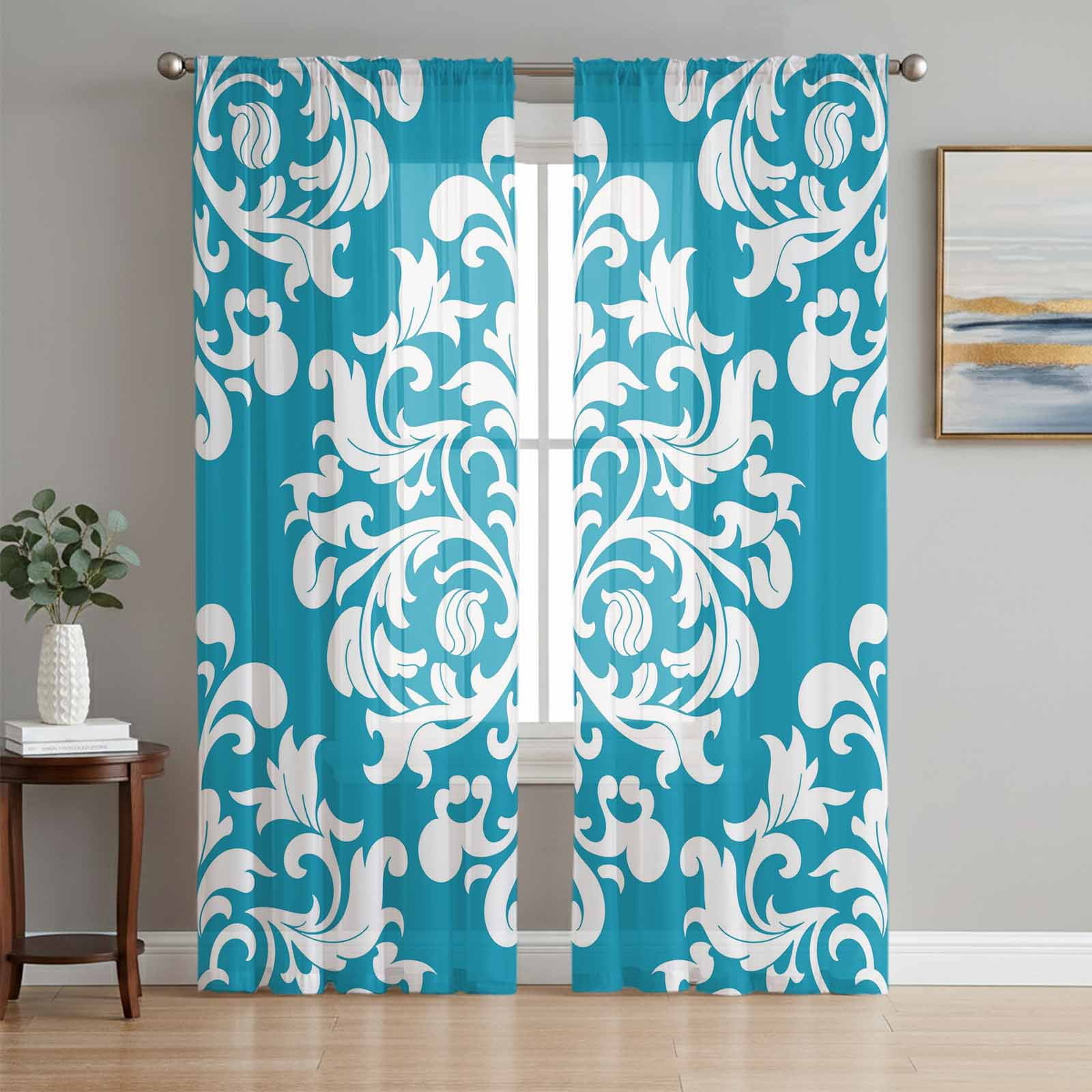 Baroque Blue Sheer Curtains 96 Inch Length 2 Panels Set, Vintage Damask ...
