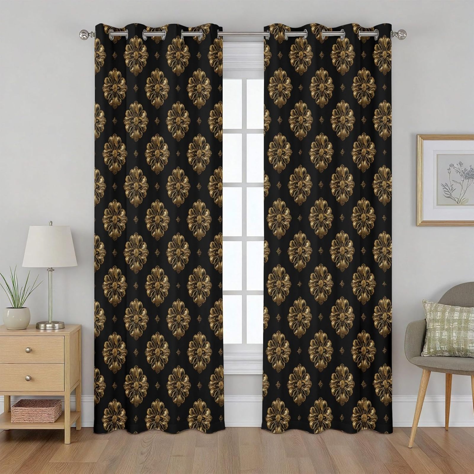 Baroque Floral Curtains For Living Room, Luxury Black Gold Drapes ...